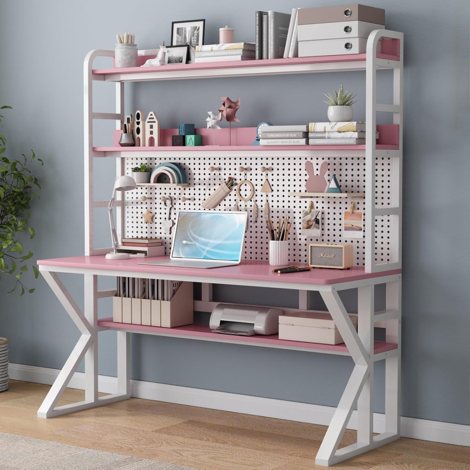 Amazon.com: FAANAS Computer Desk with Storage Shelves & Pegboard, Solid ...