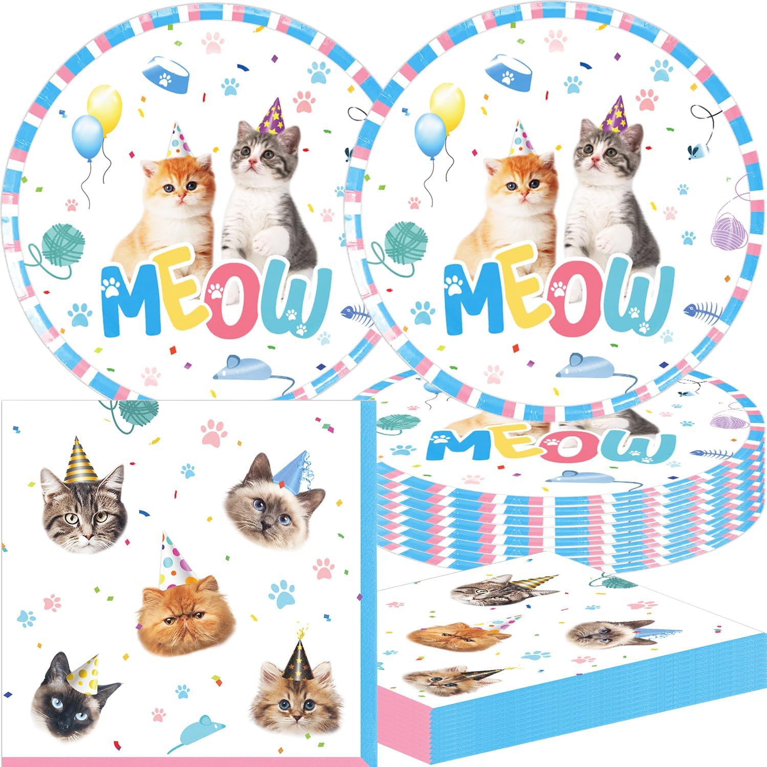 Amazon.com: 40Packs Pet Cat Birthday Party Supplies,20 Plates and 20 ...