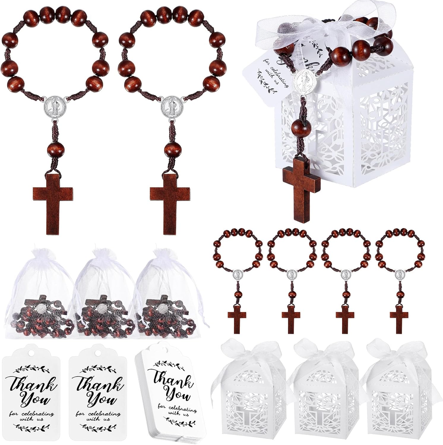 Amazon.com: Liliful 100 Pcs Baptism Rosary Favors Set Includes 25 Wood ...