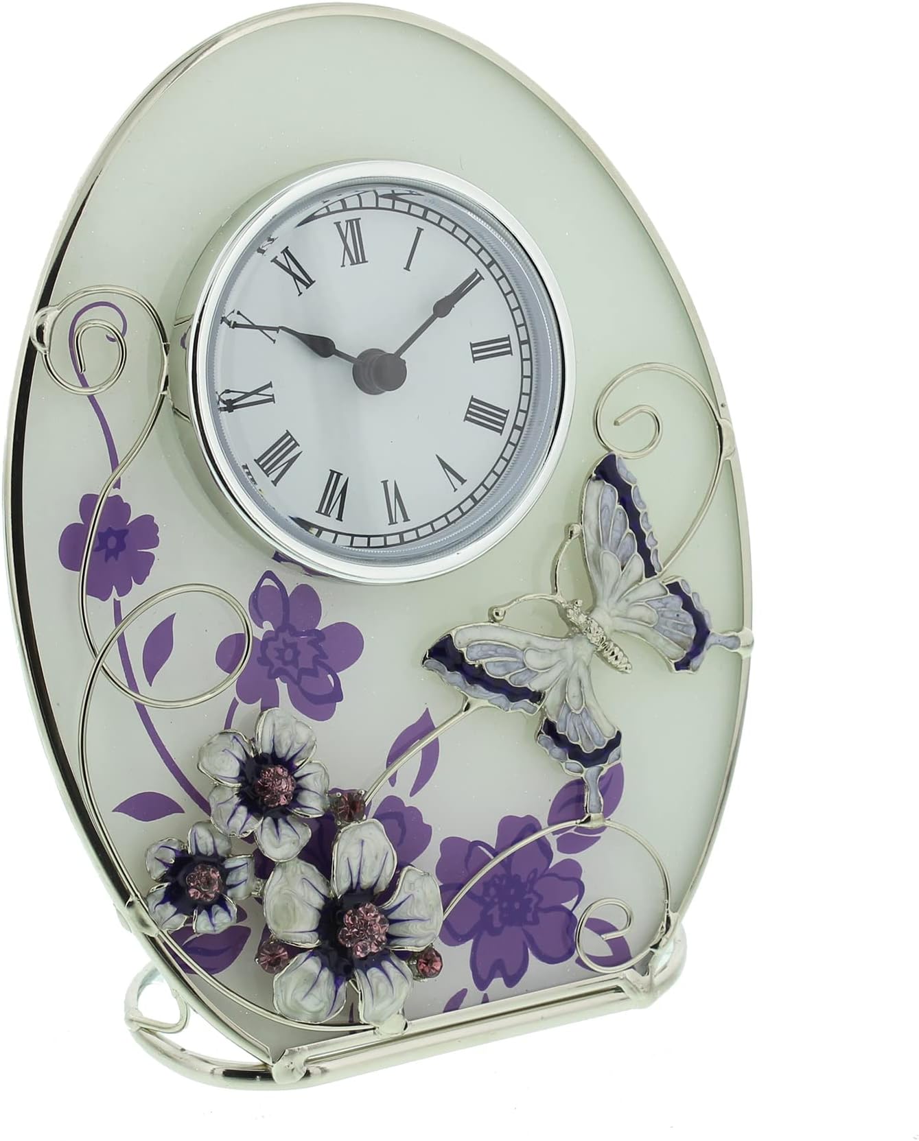 Beautiful 'Juliana,' oval, glass, clock decorated with purple flowers ...