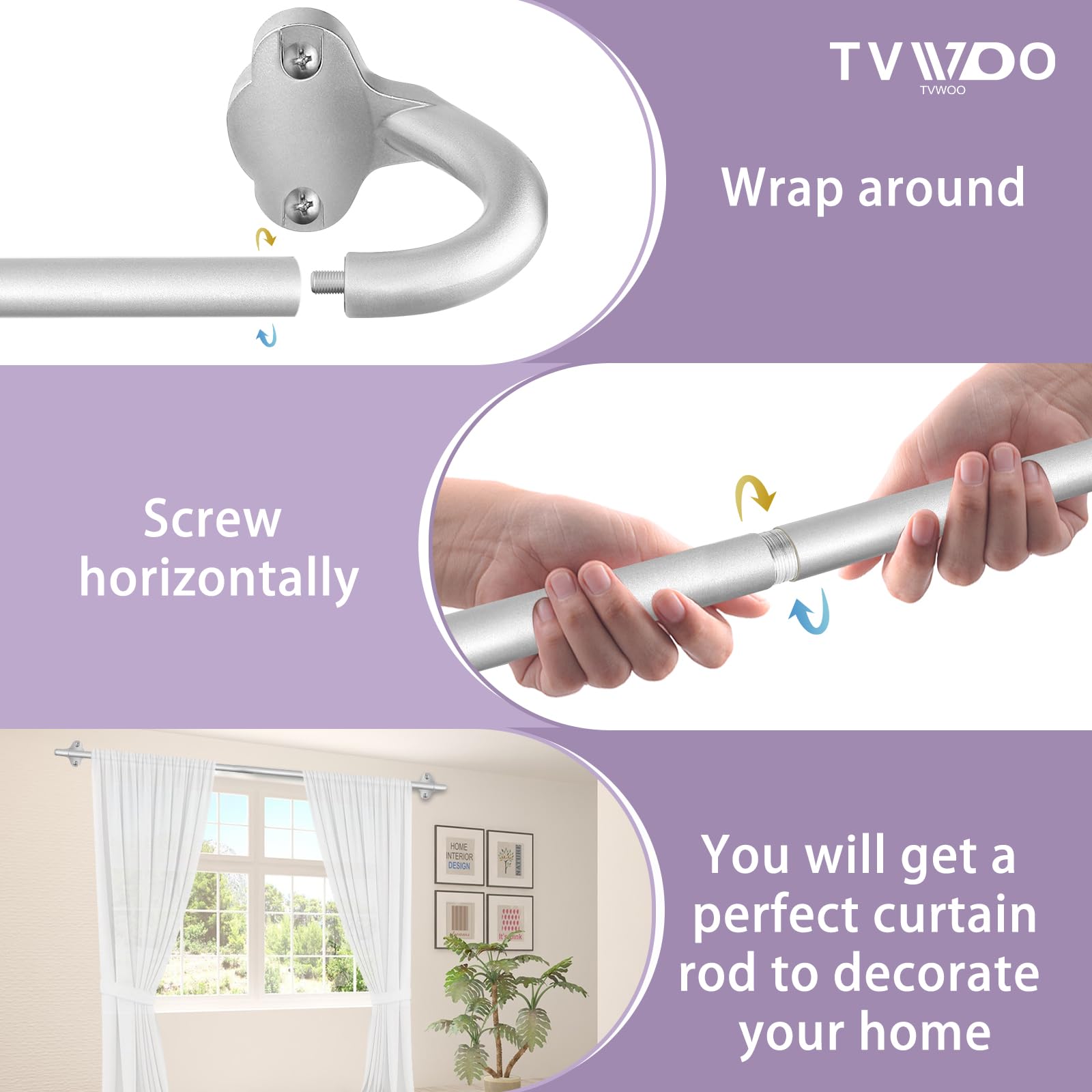 TVWOO Wrap Around Curtain Rods,Silver?áCurtain Rods?á66?áto?á120?áInch ...