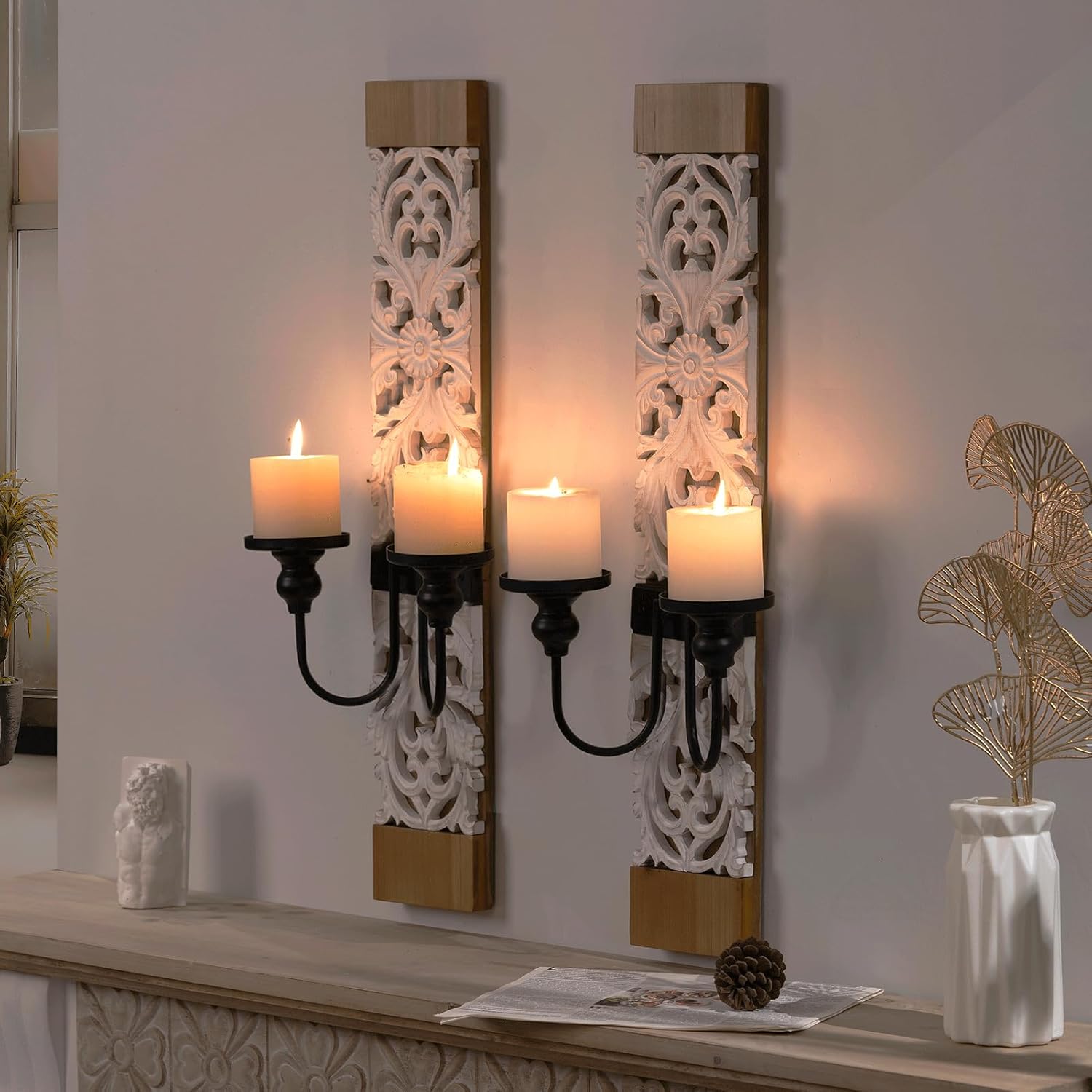 Amazon.com: Wooden Boho Candle Sconce Set - Art Decorative Wall Candle ...
