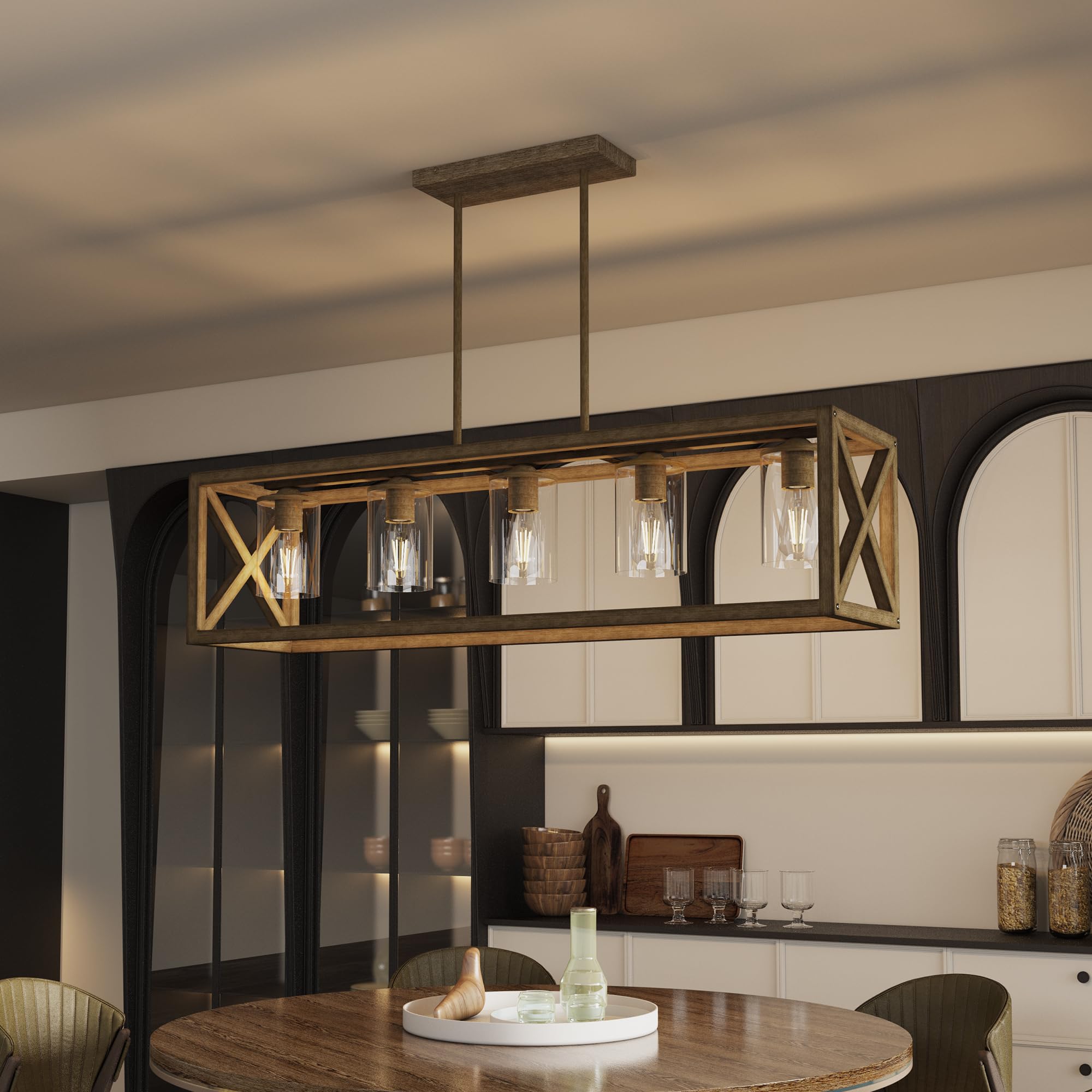 Espird Burlywood Dining Room Light Fixture - 5 Light Rectangle Light ...