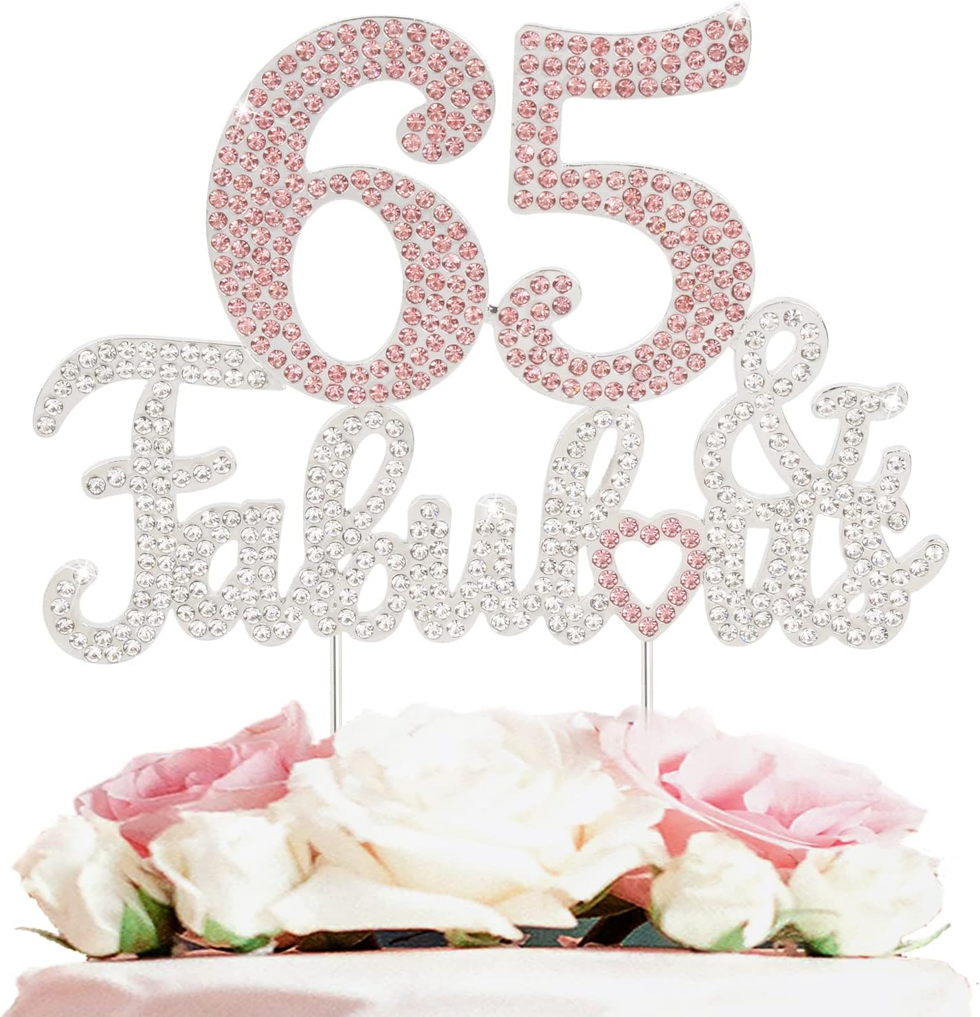 Amazon.com: LASKYER 65 & Fabulous Silver Pink Rhinestone Cake Topper ...