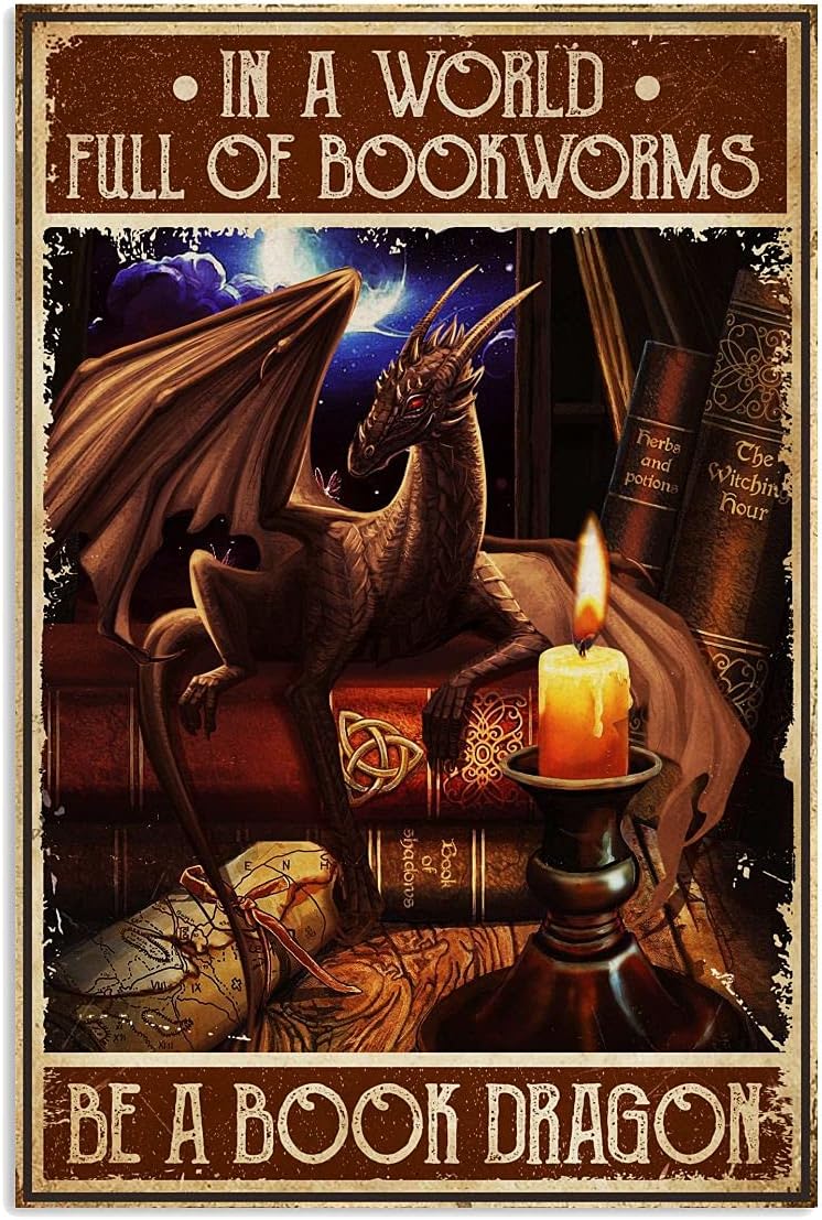 Amazon.com: 8x12 Inches Dragon and Book Be A Book Dragon Metal Tin ...