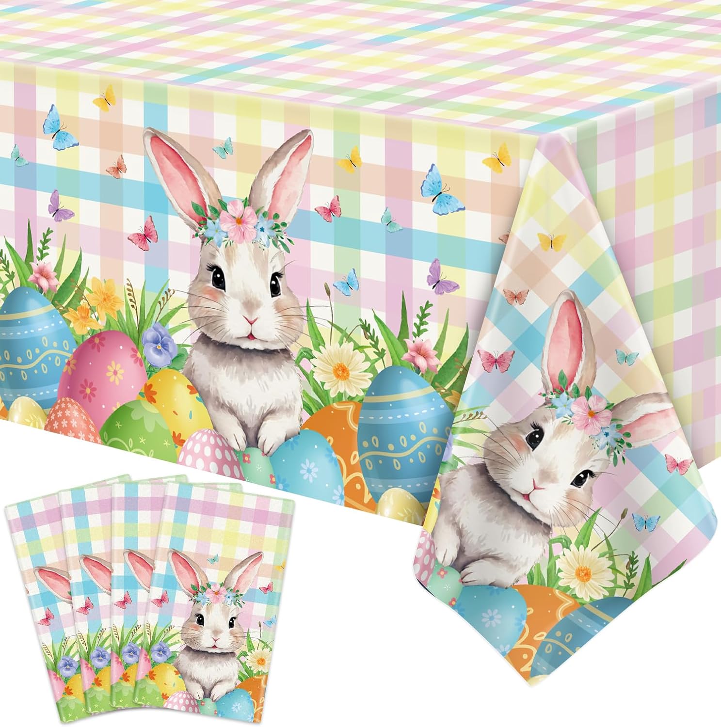 Amazon.com: 4 Pack Easter Bunny Tablecloth Spring Flowers Rabbit ...