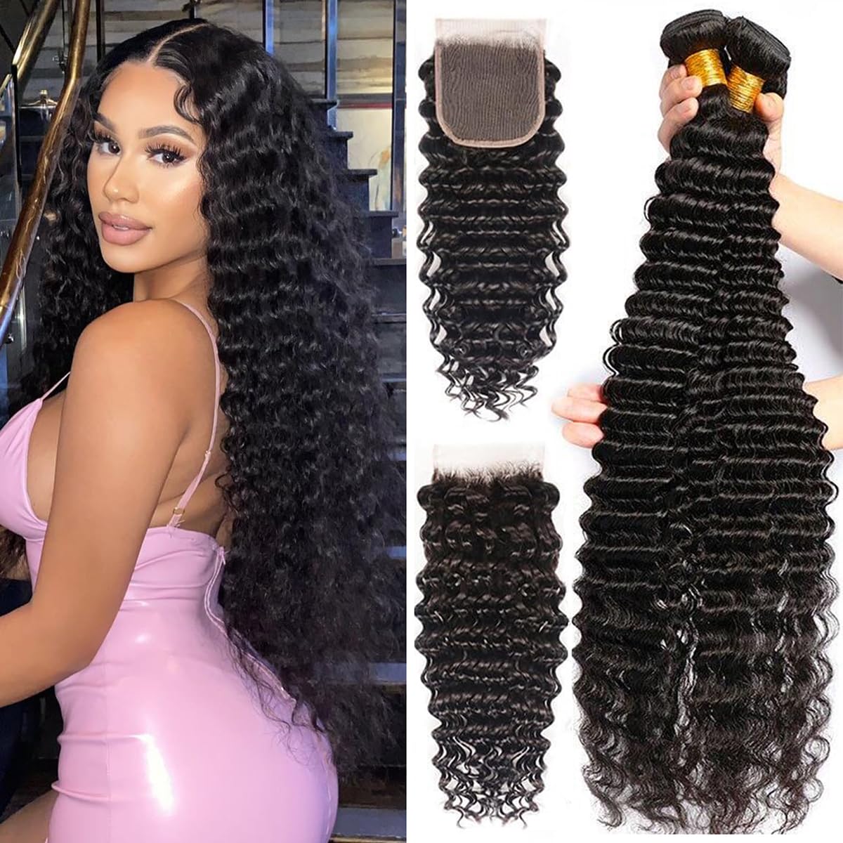 Amazon.com : 12A Deep Wave Human Hair Bundles with Closure 18 18 20 20 ...