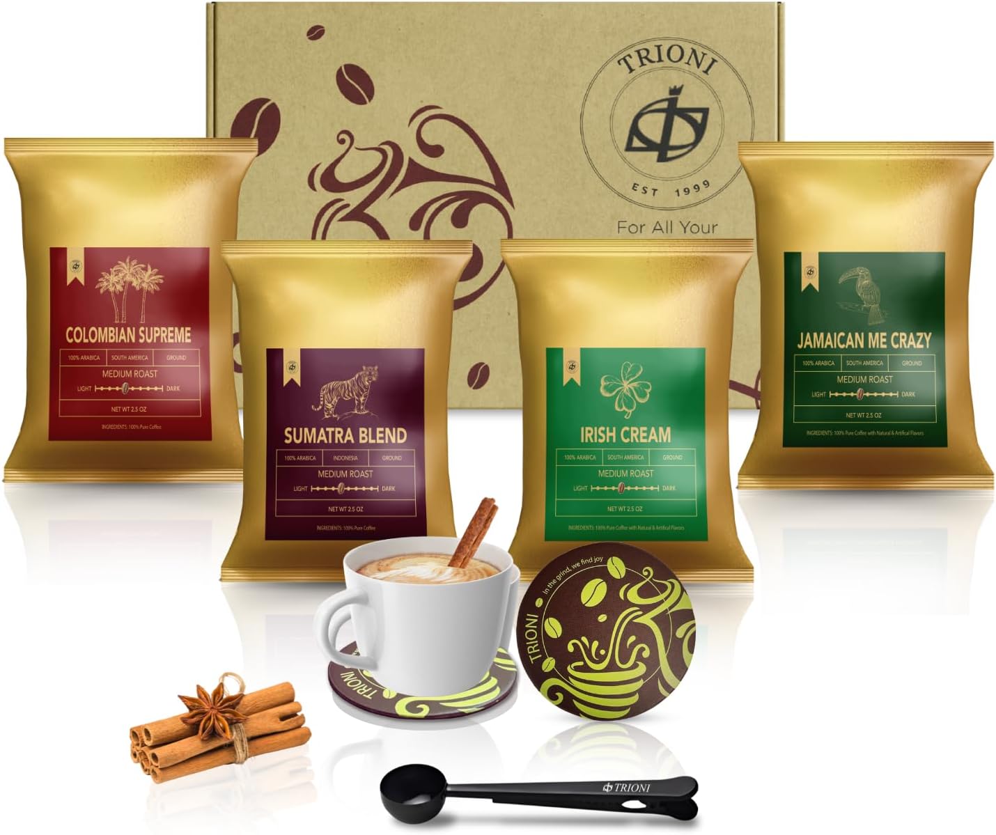 Amazon.com: Gourmet Coffee Sampler Gift Set (4x2.5oz) TRIONI Medium Roast Ground Coffee Variety ...