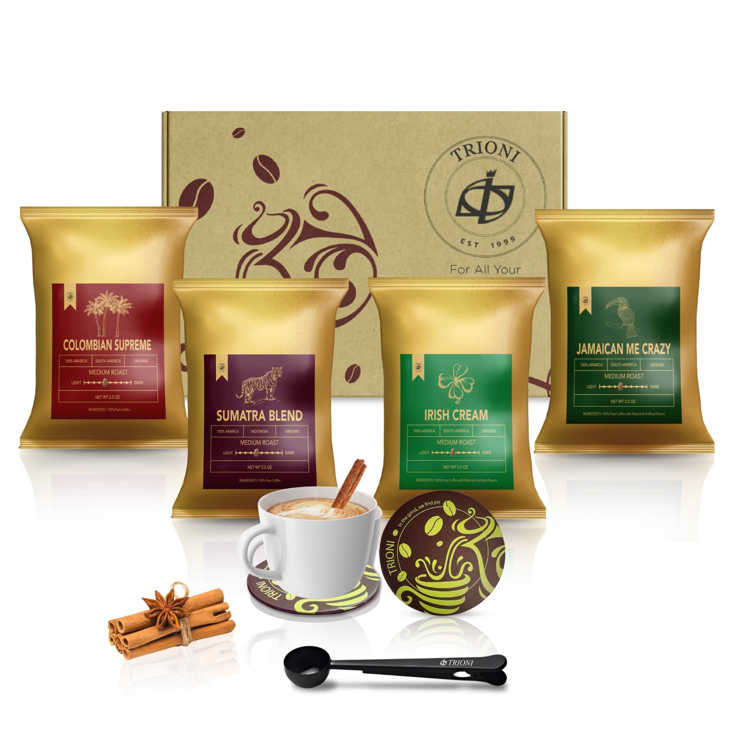 Amazon.com: Gourmet Coffee Sampler Gift Set (4x2.5oz) TRIONI Medium ...