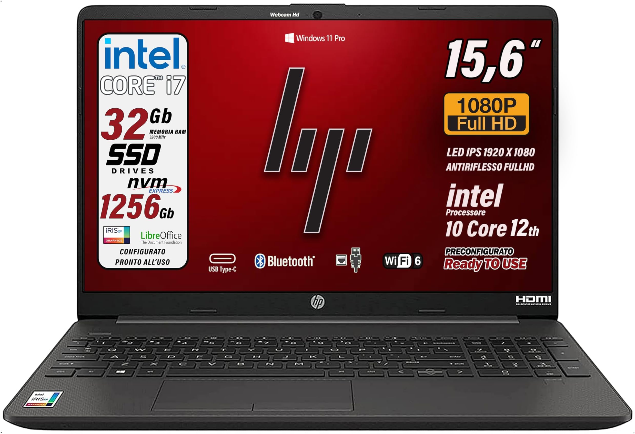 HP 250 G9, Notebook i7 Pc portatile, intel 12Th 4,7Ghz, Ram 20Gb, SSD 1 ...