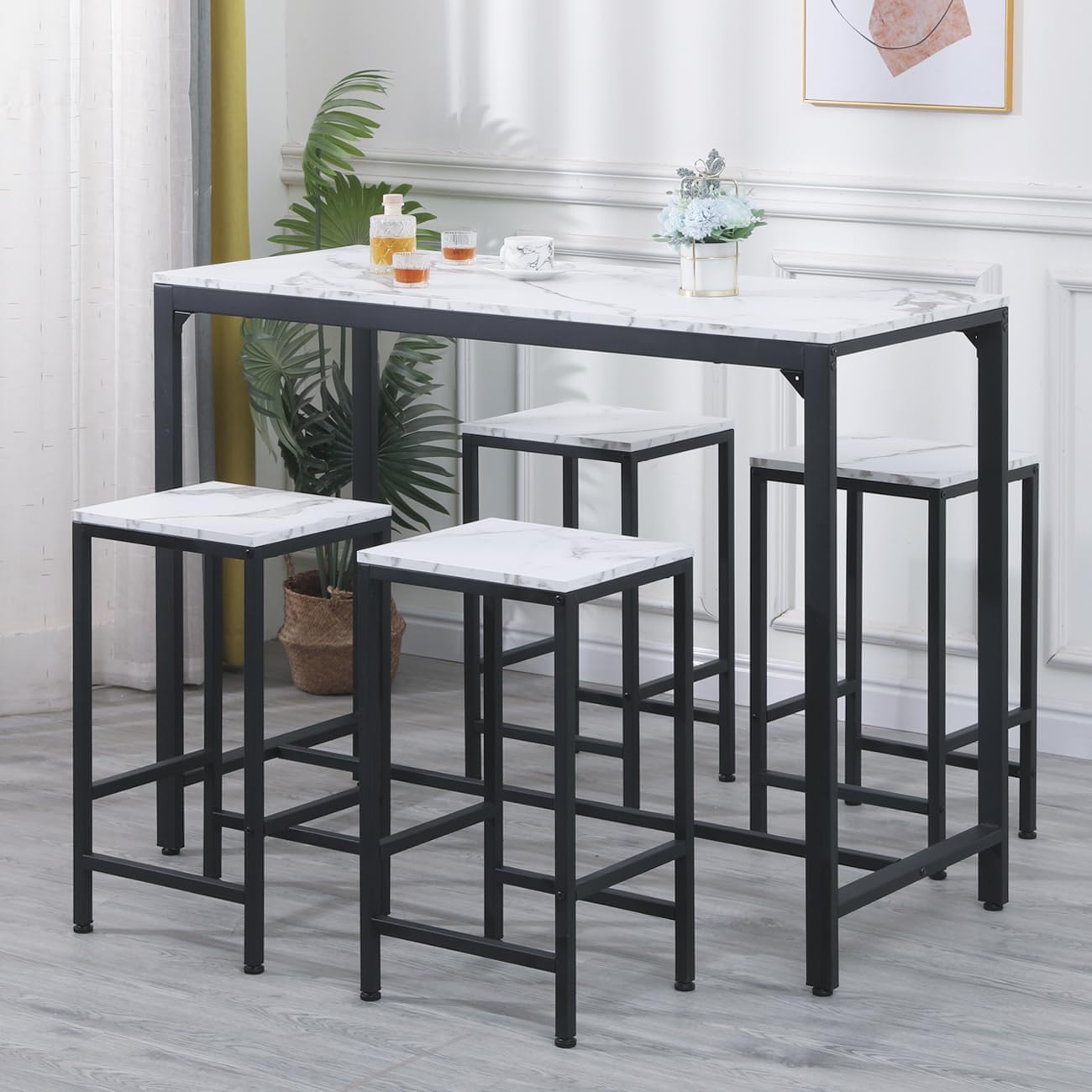 nozama Breakfast Bar Table and Stools Set,Wood Bar Table and 4 Stools,5 ...
