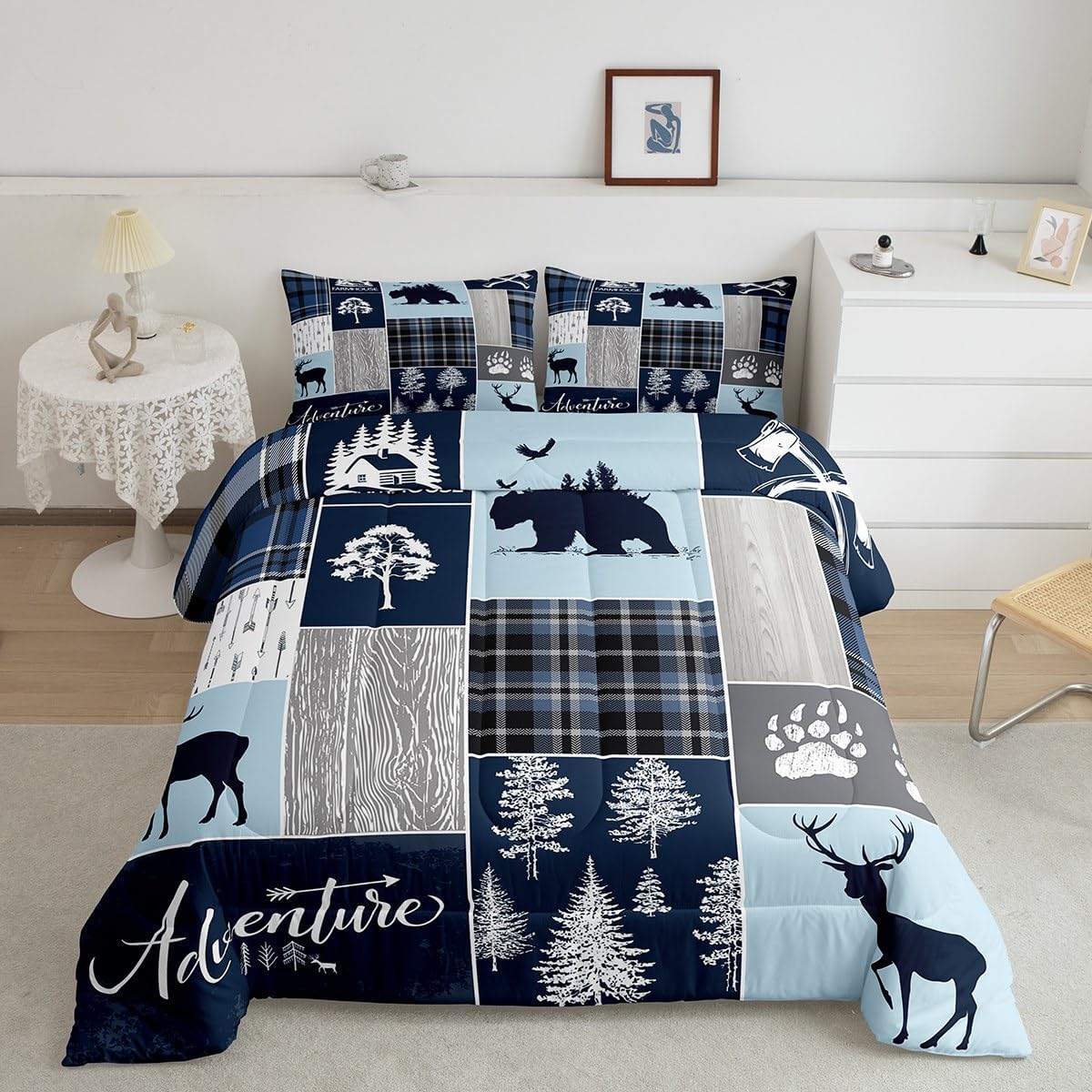 Amazon.com: Hunting Bear Deer Comforter Set,Christmas Buffalo Plaid Quilt Full Size Rustic Cabin ...