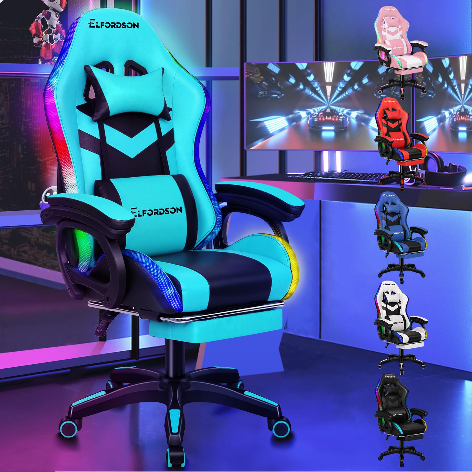 ELFORDSON Gaming Chair with RGB LED Light, 8-Point Massage Computer ...