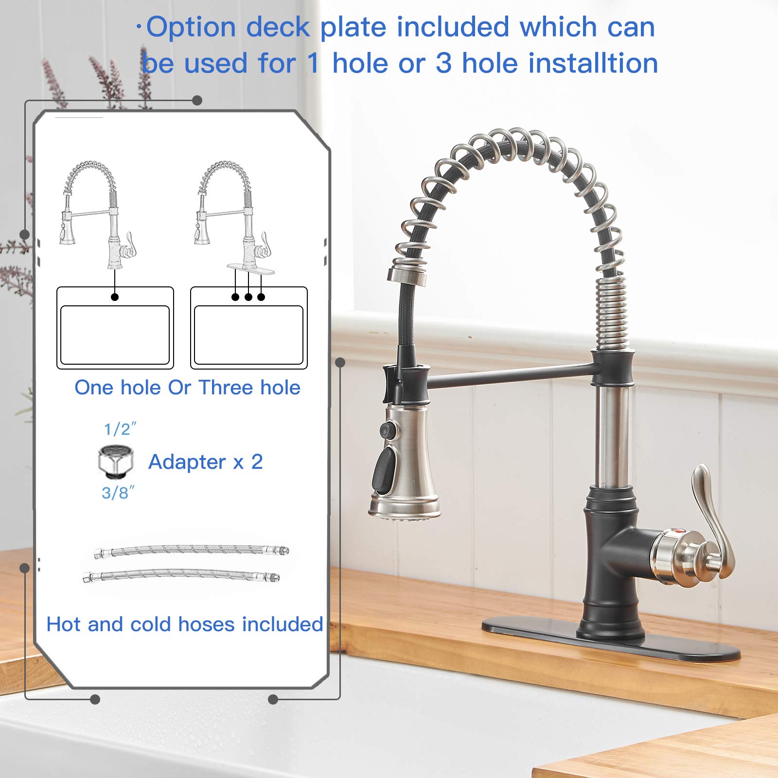 BWE Kitchen Sink Faucet Brushed Nickel with Matte Black Single Handle ...