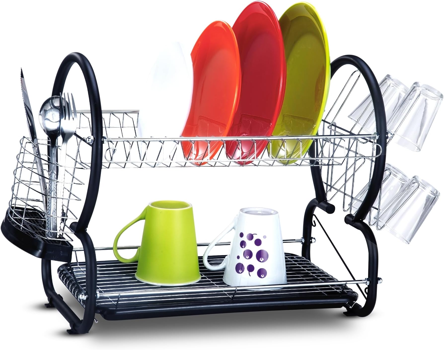 AKH 2-Tier Stainless Steel Dish Drainer Rack with Cutlery Holder, Cup ...