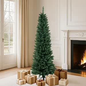 SANTACO 1.5M Pencil Christmas Tree,Artificial Hinged Fir Christmas Tree ...
