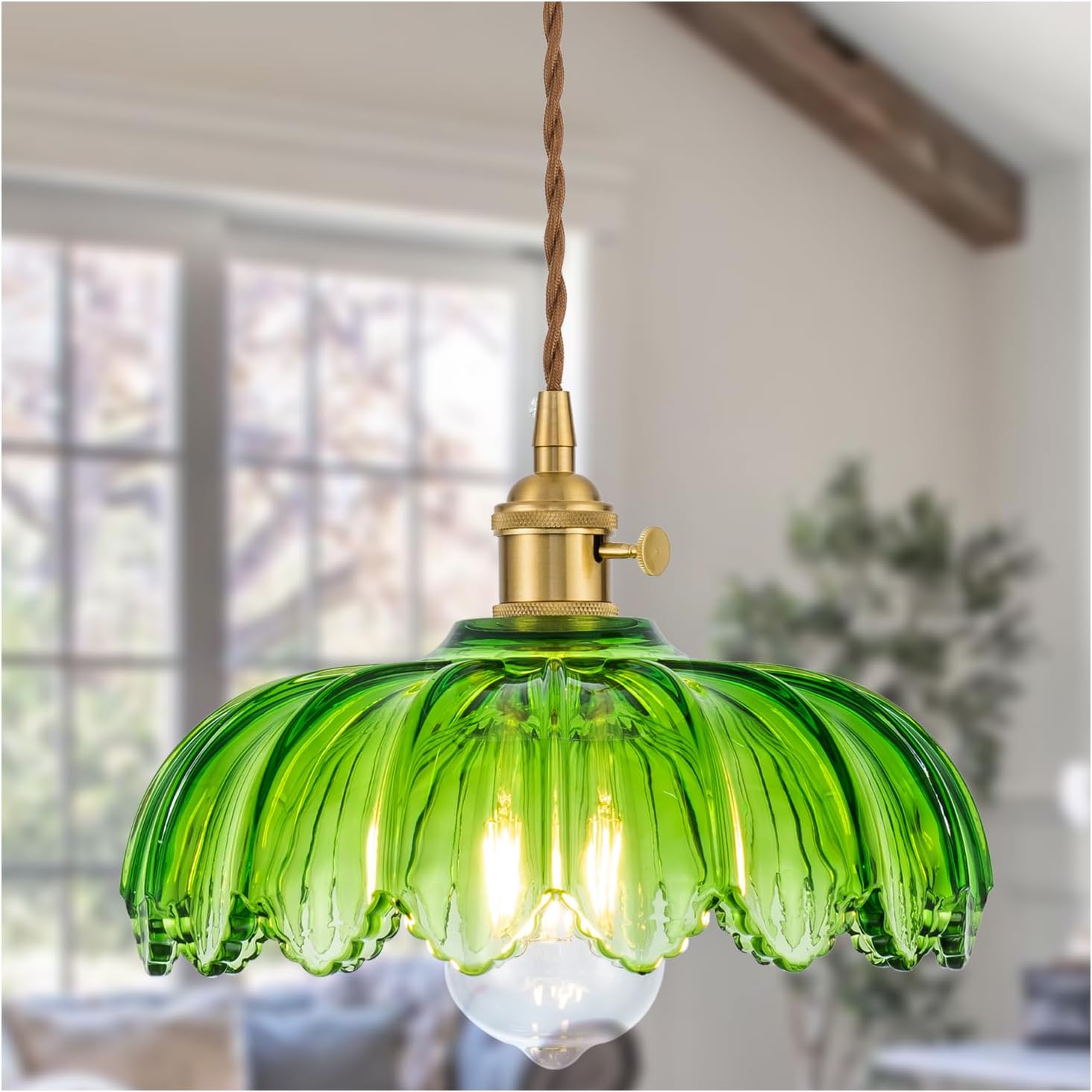 LYE Vintage Pendant Light Fixture with Green Glass Shade, Retro Pendant ...