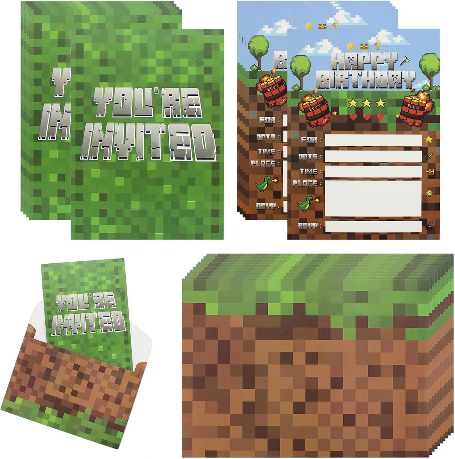 Amazon.com : PUYTTENPP 30Pcs Pixel Party Invitations with Envelopes ...