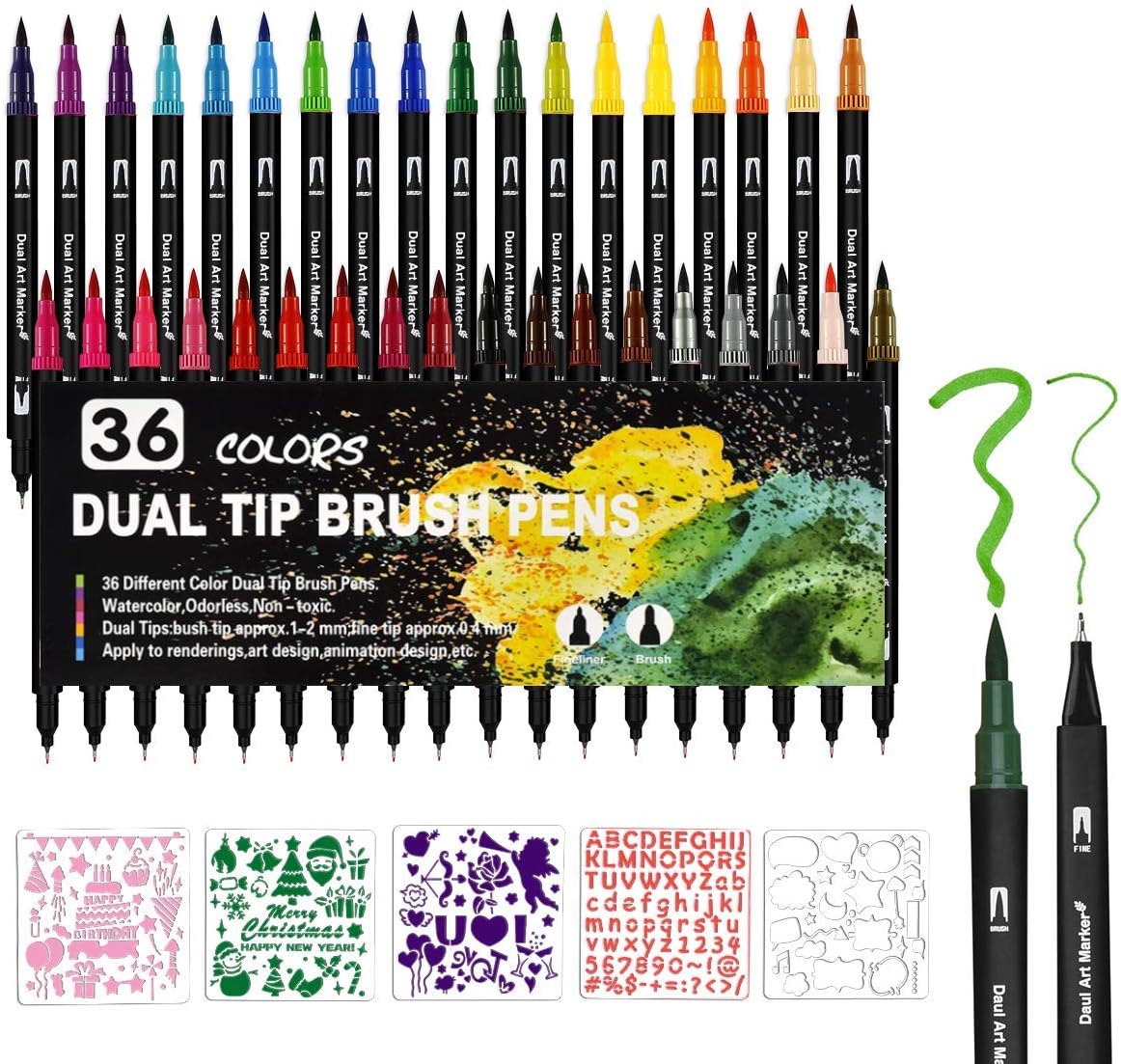 Dual Brush Pen Set, 36 Colours, Double Fibre-Tip Pens, Water-based Ink ...