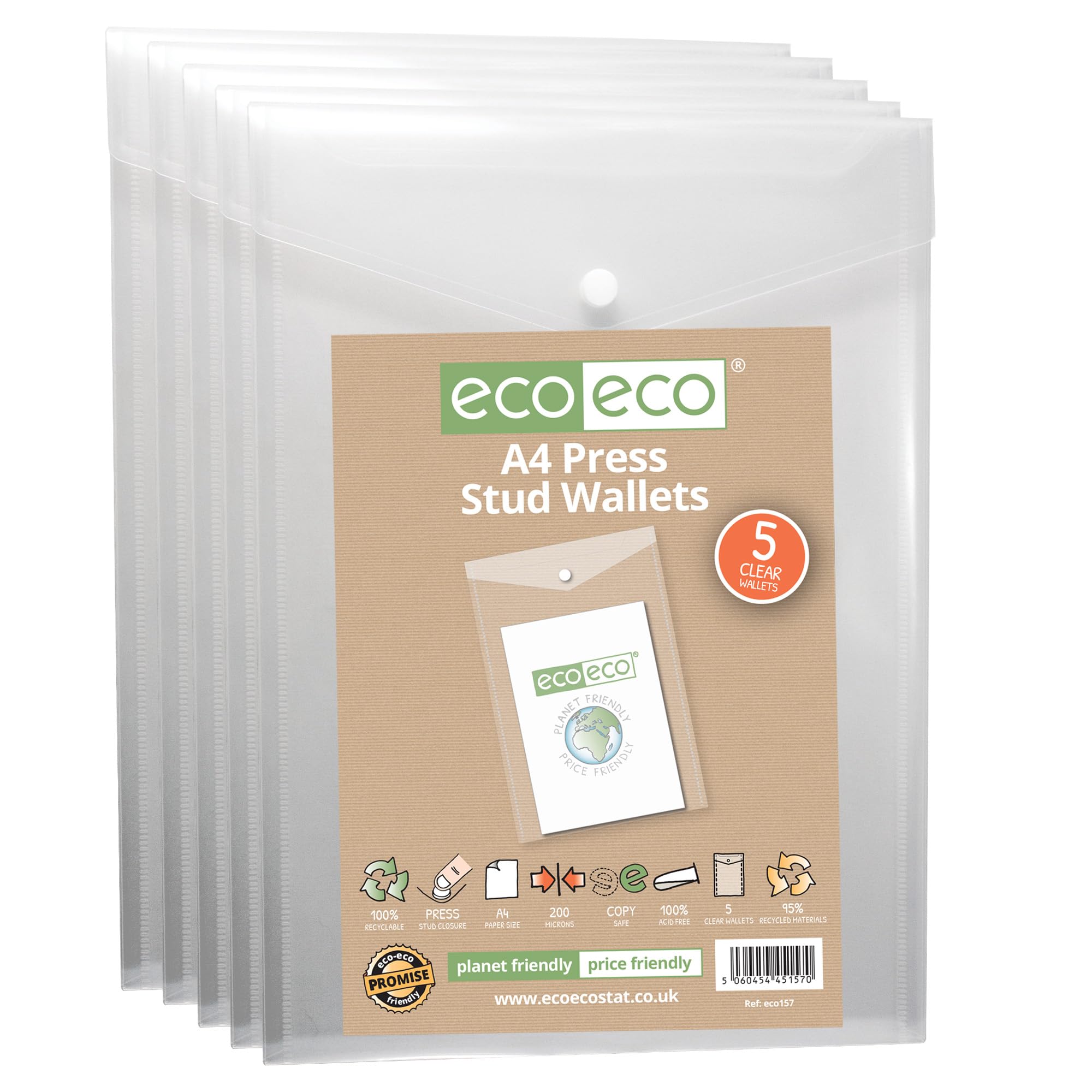 eco-eco A4 50% Recycled Clear Transparent Portrait Press Stud Popper Wallet, Plastic Folders ...