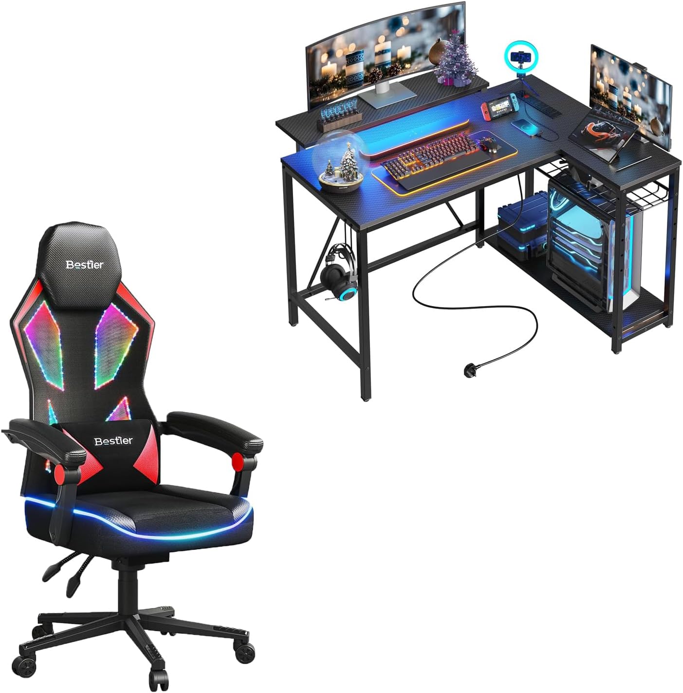 Amazon.com: Bestier Gaming Desk Carbon Fiber Black and Black Red Gaming ...