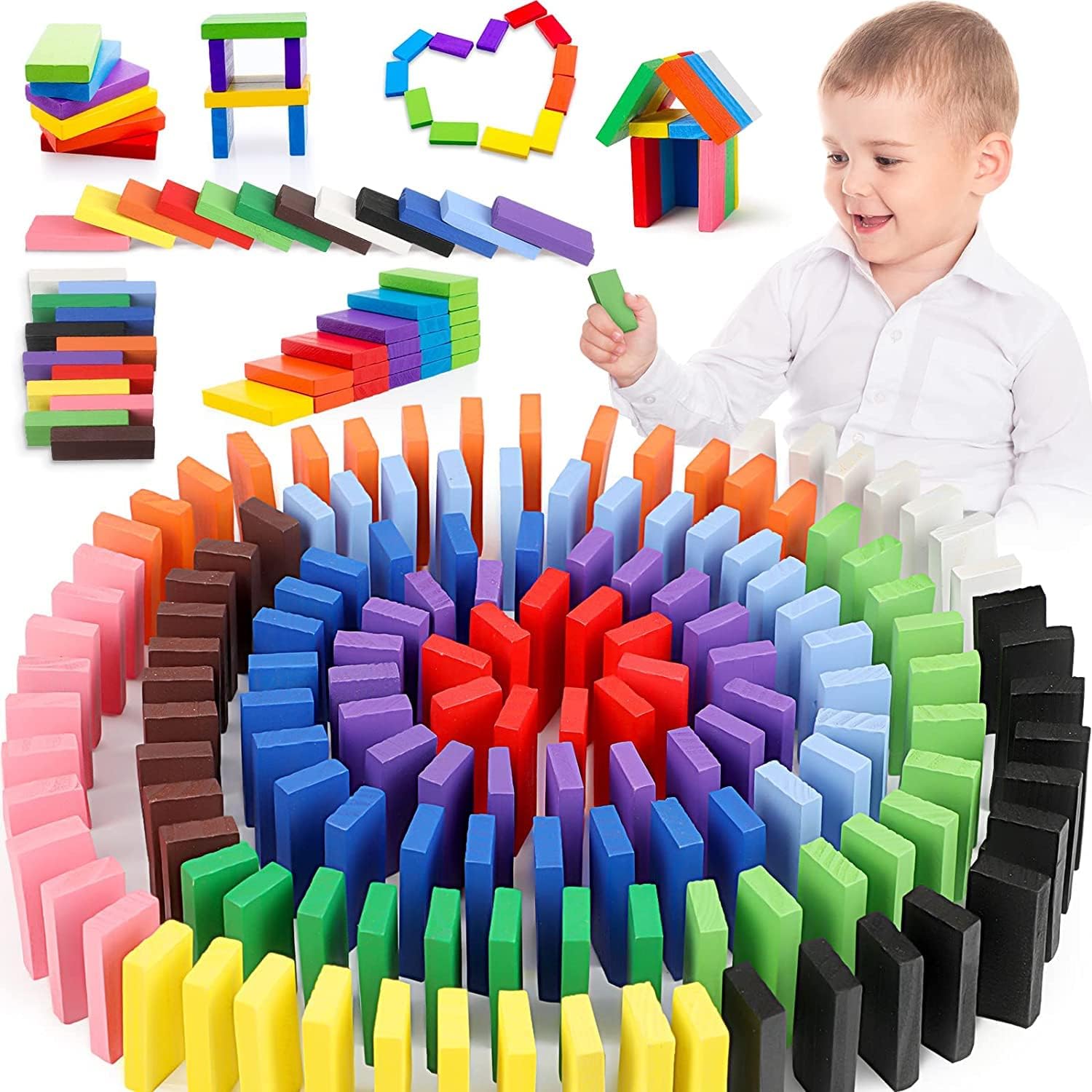 Invite 200 PCS Dominoes Blocks Set 12 Colors Wooden Toy Building and ...