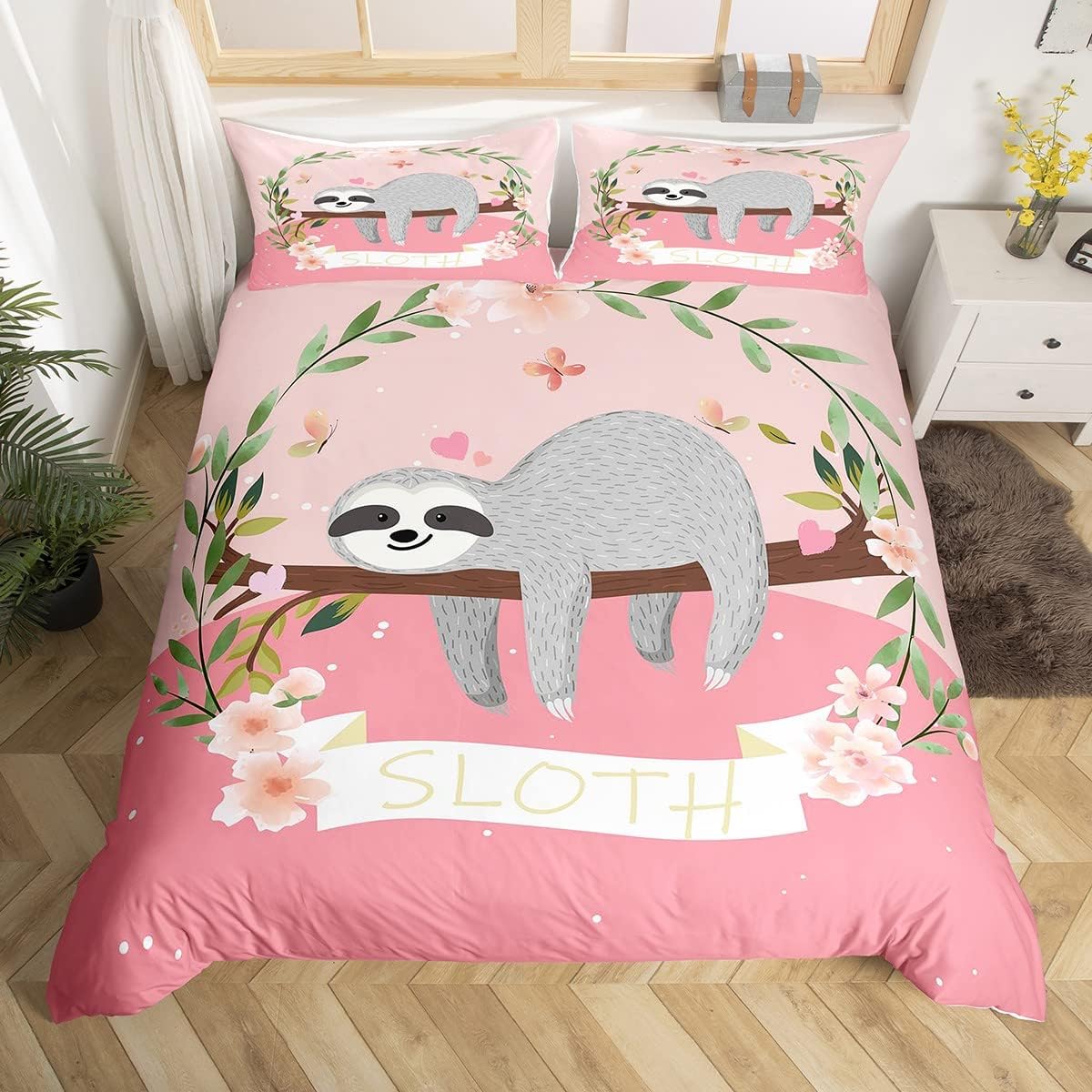 Sloth Bed Linen Grey Pink Girls Animals Bed Linen 155 x 220 cm Cute ...