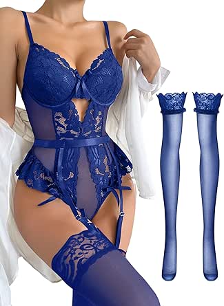 Lilosy Conjunto De Lencería Sexy De 3 Piezas con Medias De Encaje Y Malla, con Aros Y Liga, con ...