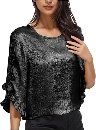 Amazon.com: Women's Metallic Blouses Dressy Elegant 3/4 Sleeve Ruffle ...