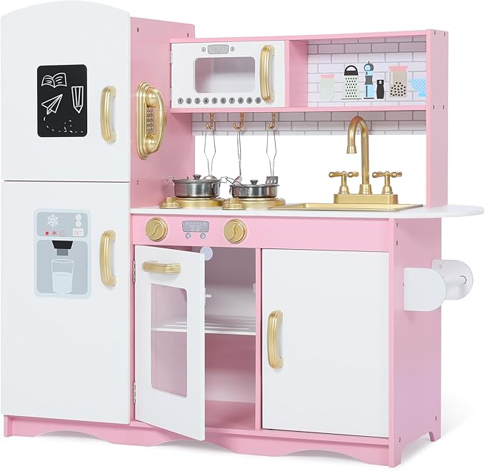 Amazon.com: Kinder King Wooden Kids Play Kitchen, Toy Kitchen Playset ...