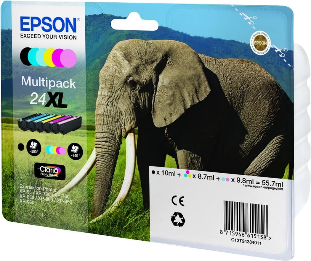 Epson 24XL Elephant High Yield Genuine Multipack, 6-colours Claria ...