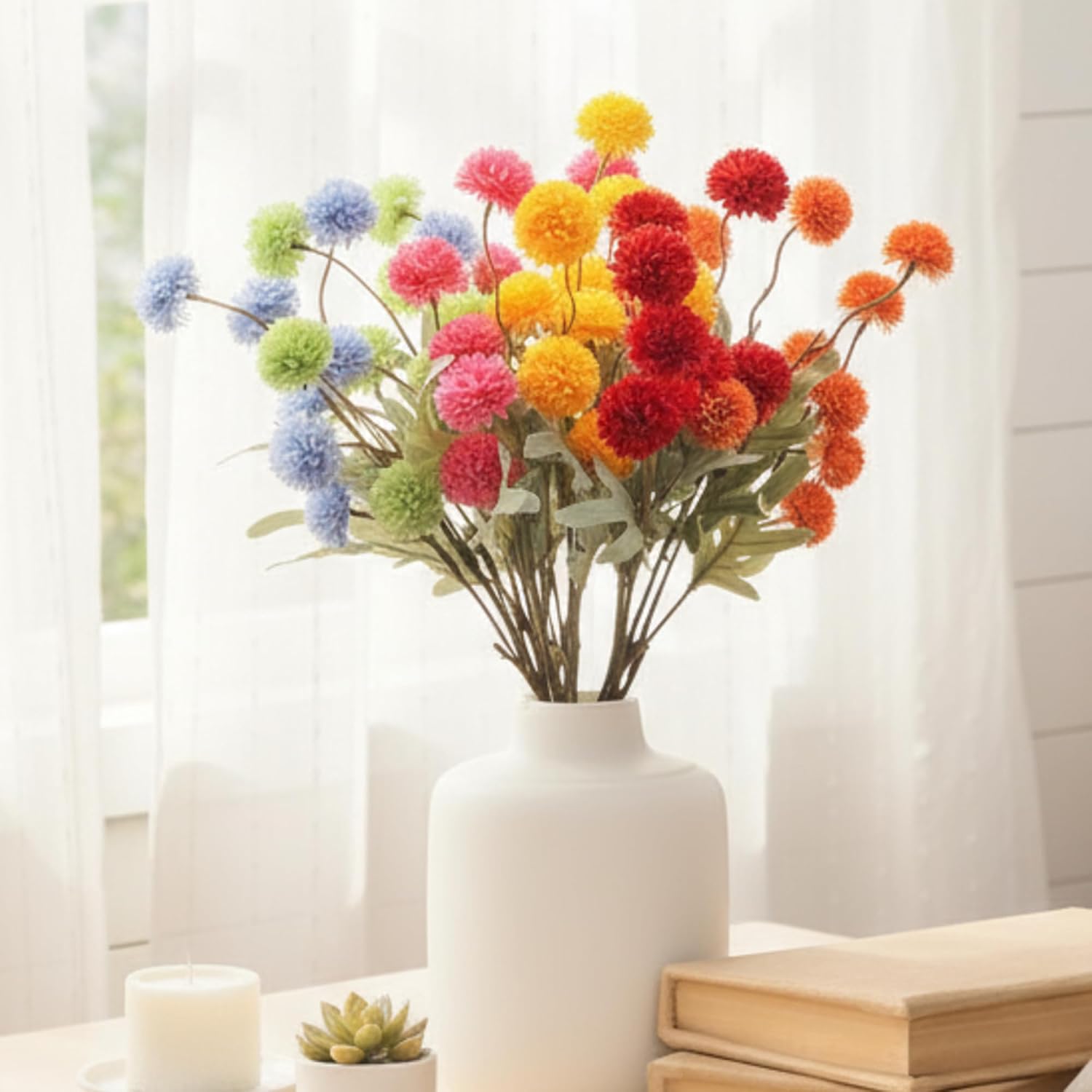 Amazon.com: Norme 12 Pcs Colorful Faux Silk Pompon Mum Artificial ...