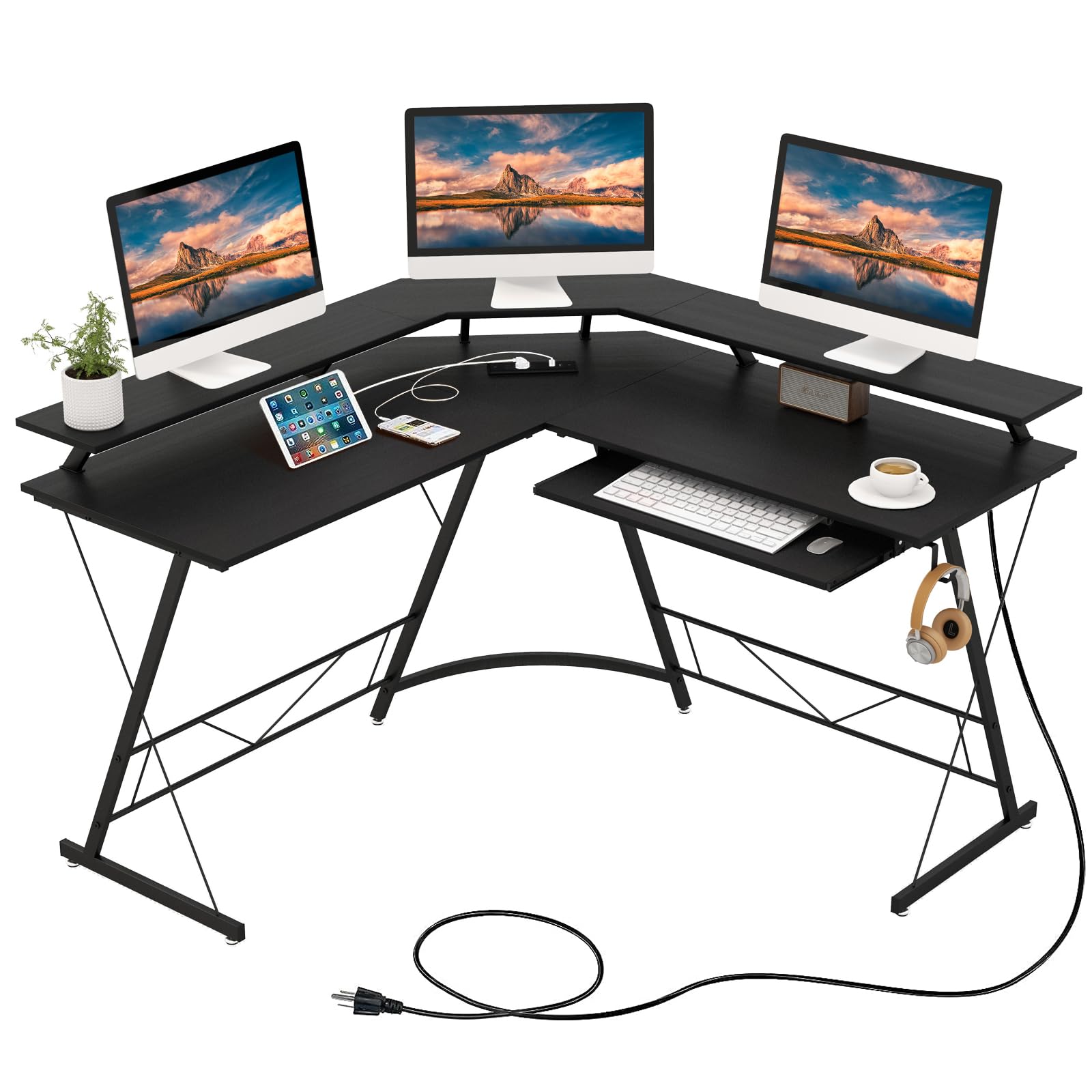 Tangkula L-Shaped Computer Desk with Power Outlet, 51" Corner Computer ...