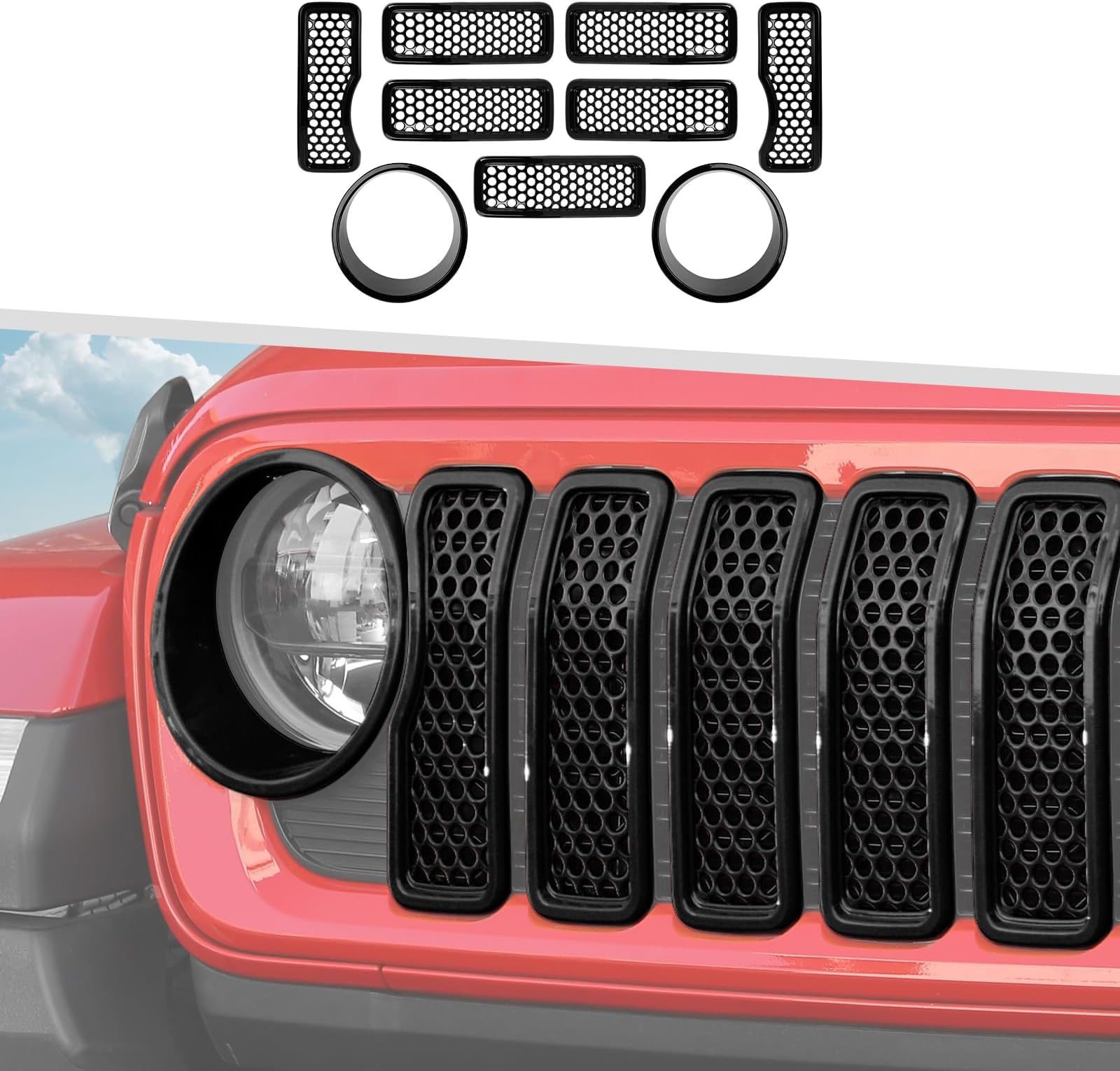 Amazon.com: CheroCar for JL Mesh Front Grille Insert & Headlight Turn ...