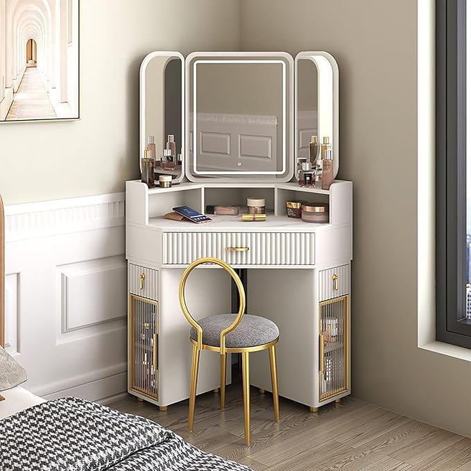 Amazon.com: ZMNXAS Corner Makeup Vanity Table with Tri-fold Illuminated ...