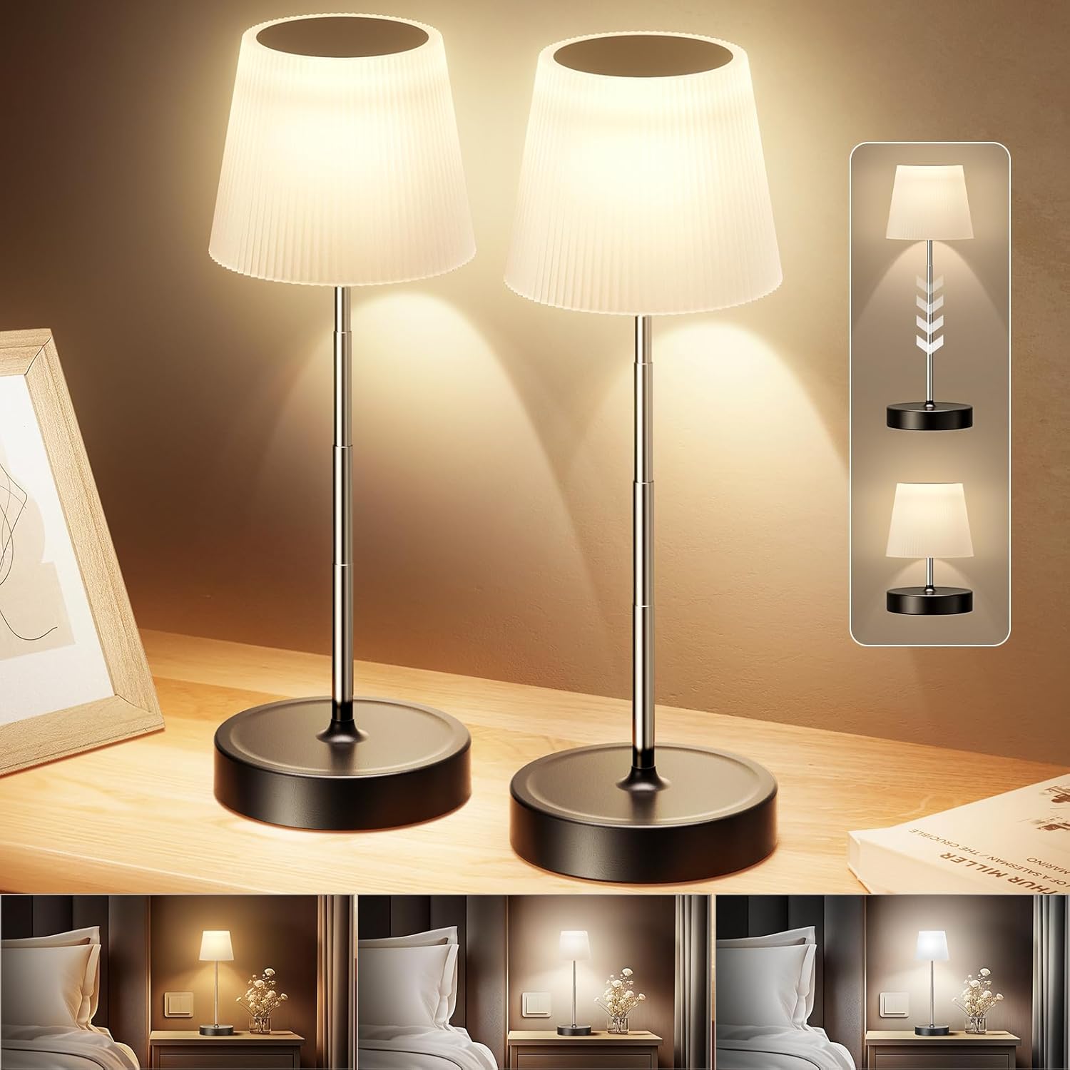 2 PACK Cordless Table Lamps, Portable Retractable Light Pole Desk Lamp ...