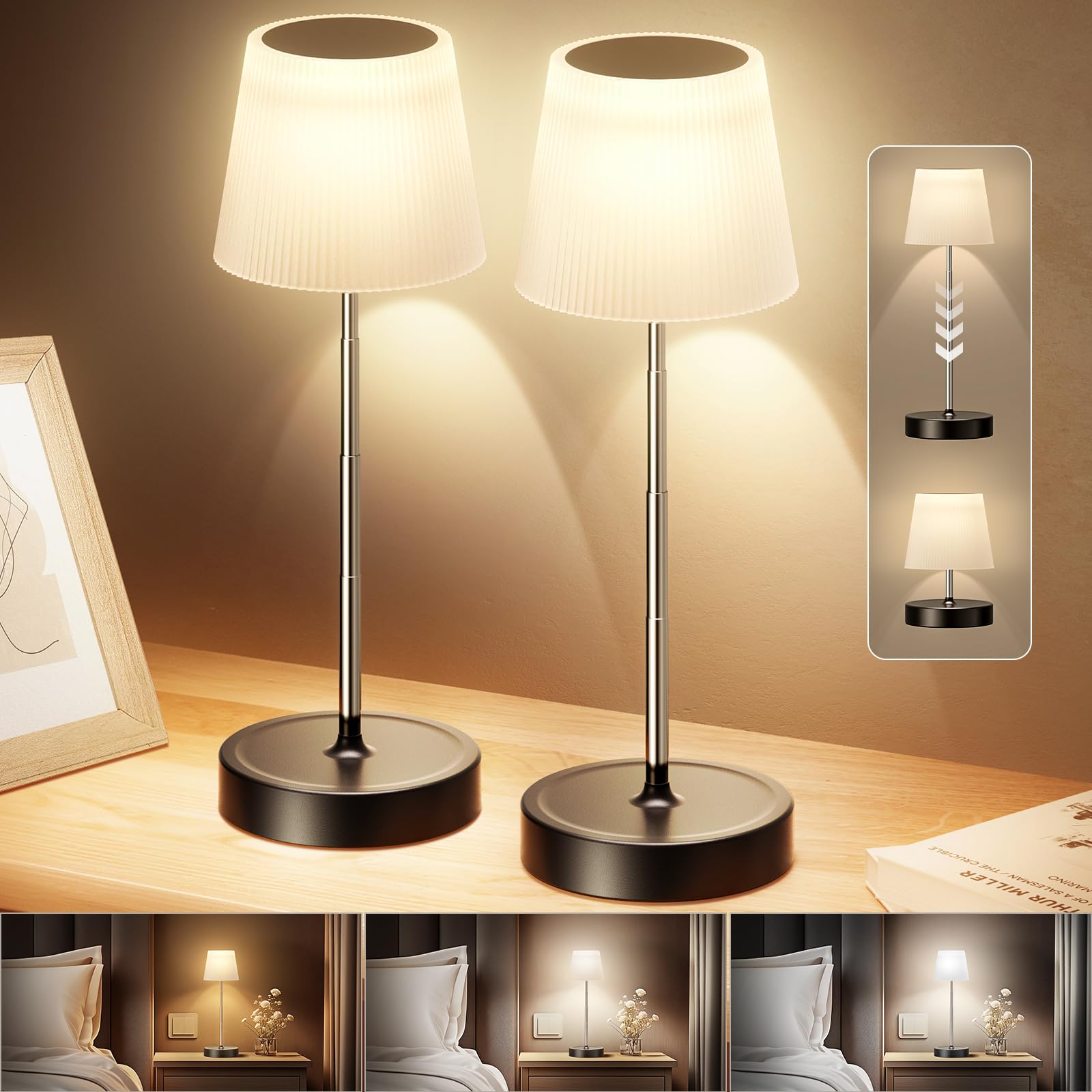 2 PACK Cordless Table Lamps, Portable Retractable Light Pole Desk Lamp ...