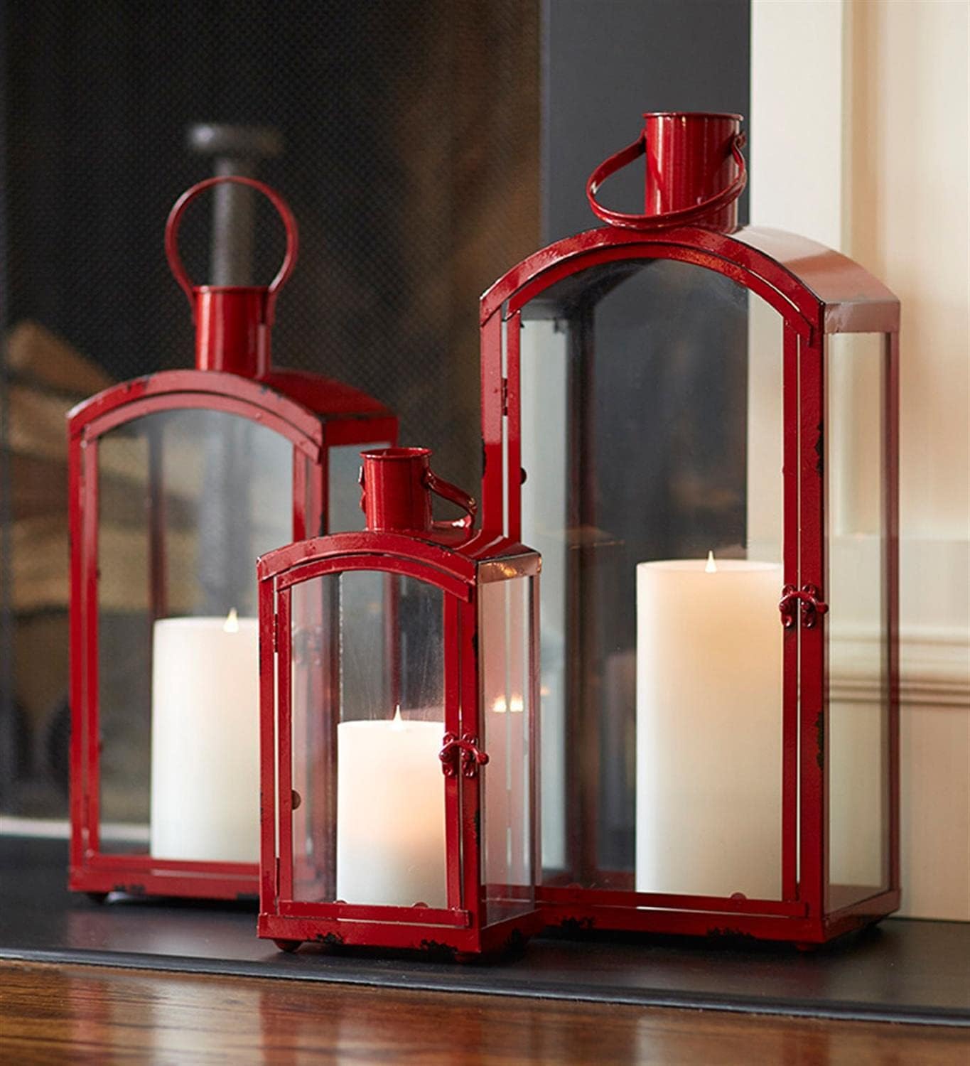 Amazon.com: Melrose Red Metal and Glass Lanterns, Set of 3, Metal and ...