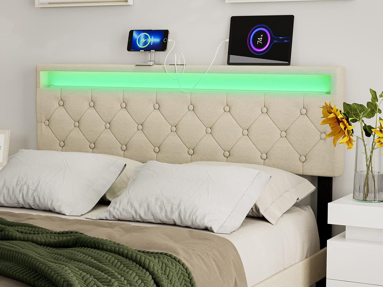 Amazon.com - IKIFLY Upholstered Queen Size Headboard with LED Lights ...