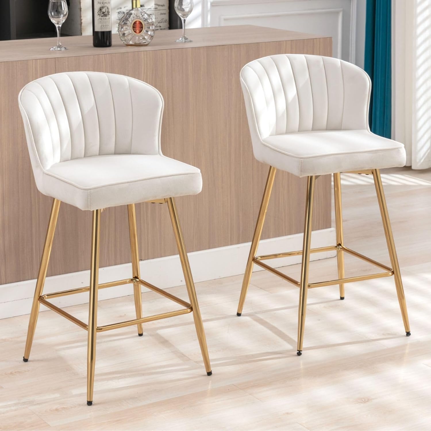 Amazon.com: CIMOO Beige Velvet Counter Stools with Gold Legs Mid ...