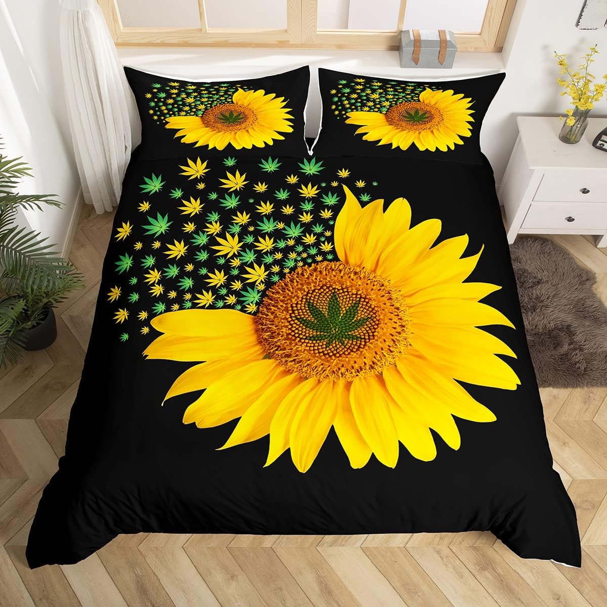 Amazon.com: Erosebridal Cannabis Leaves Duvet Cover Sunflower Bedding ...