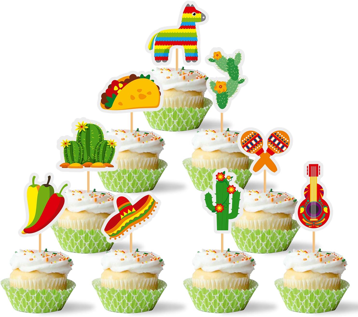 Amazon.com: 45 Pcs Mexican Fiesta Cupcake Toppers Mexican Cactus Donkey ...