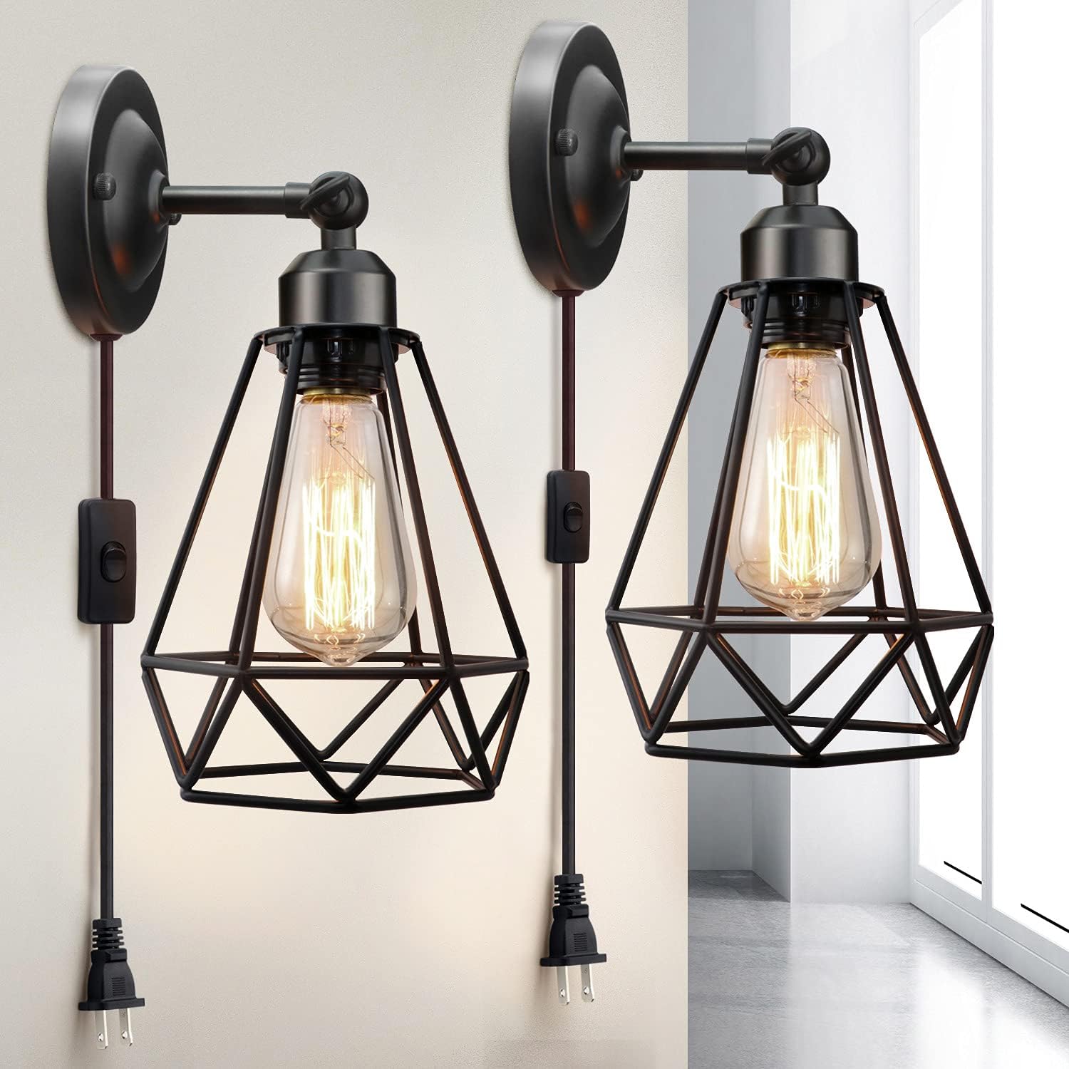 WimiSom Plug in Wall Sconce, Wire Cage, Industrial Wall Lamp with Plug ...