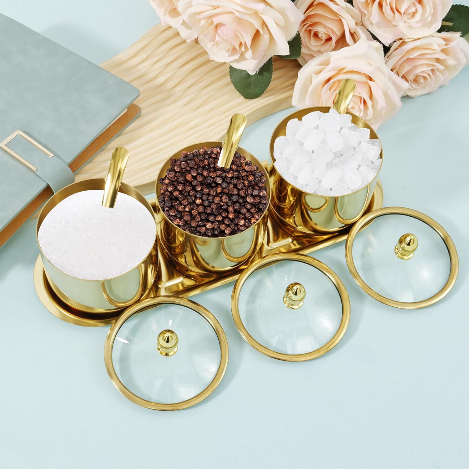 Amazon.com | Kandishiex US Stainless Steel Sugar Bowl Set with Glass ...