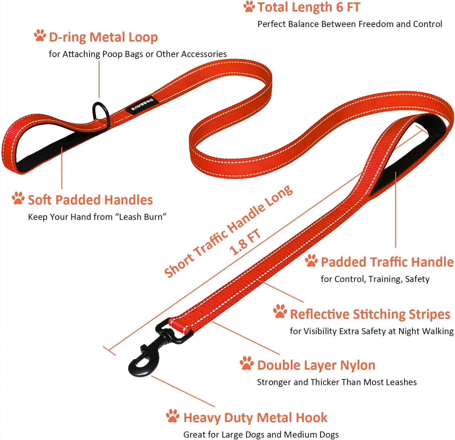 Dog Leash 6ft Long – Traffic Padded Two Handle – Heavy Duty – Double ...