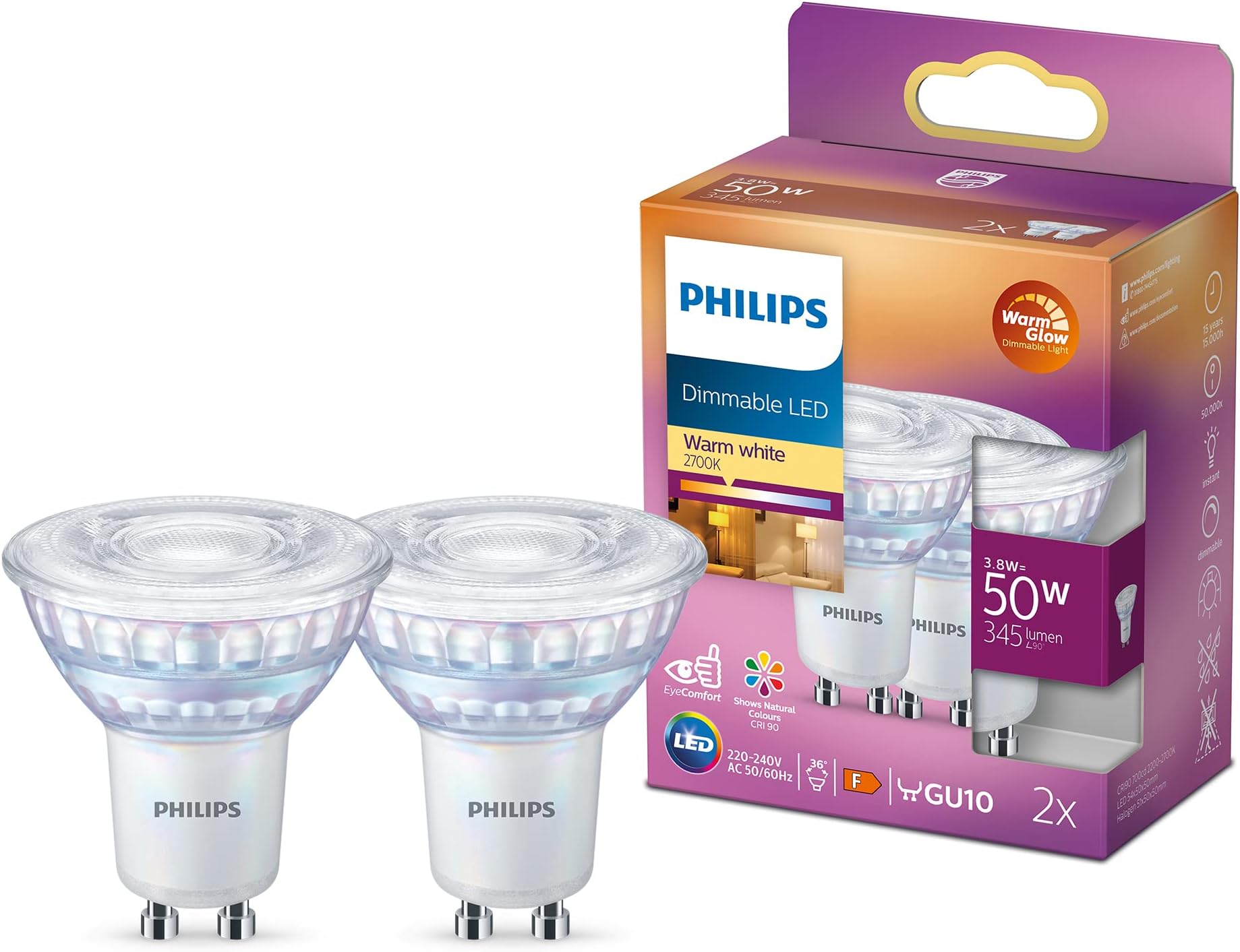 Philips LED Classic Dimmable Light Spot 2 Pack [GU10] 3.8W - 50W ...