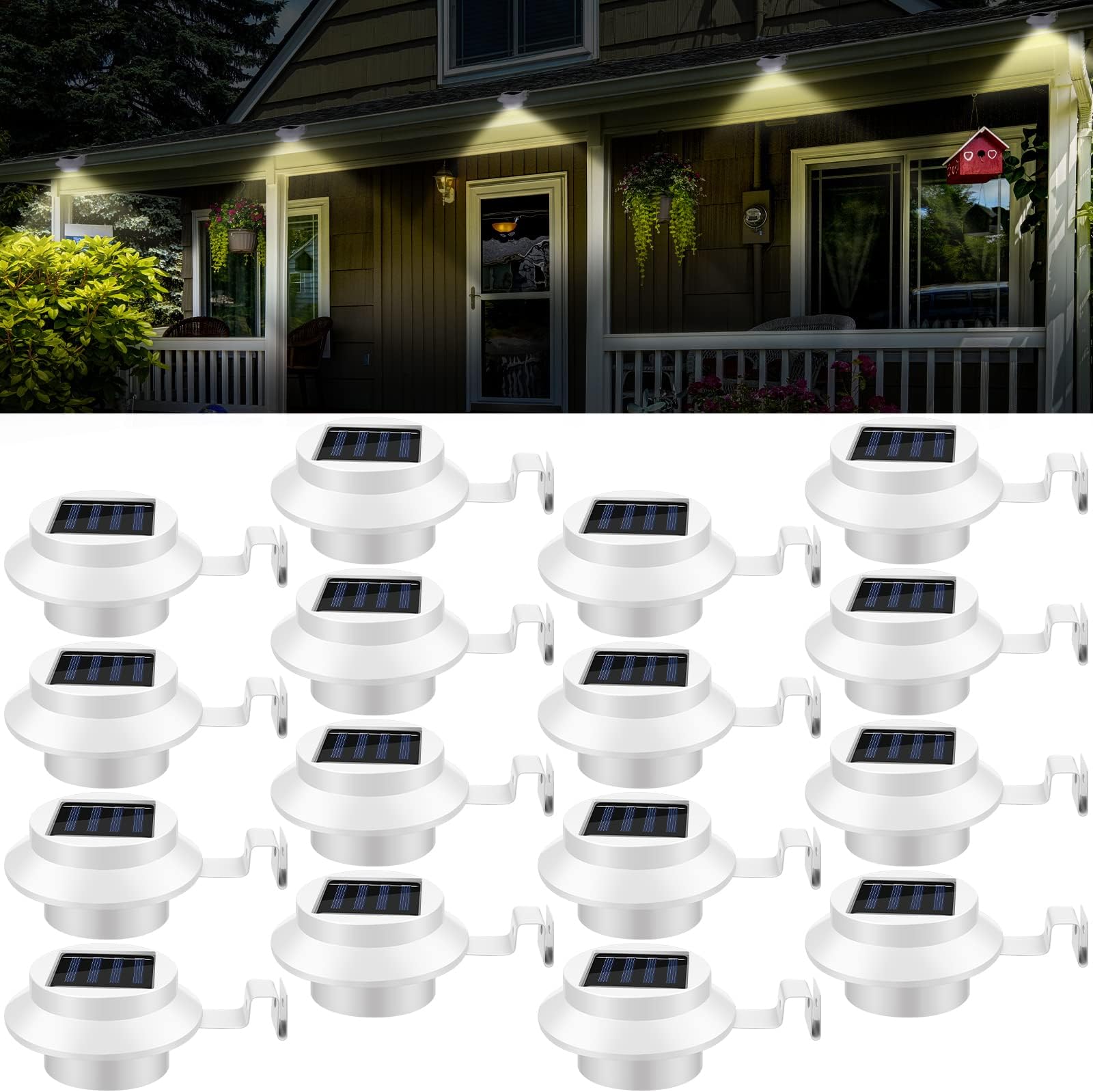 16 Pcs Solar Powered LED Gutter Lights 3 LED Deck Gutter Solar Lights ...