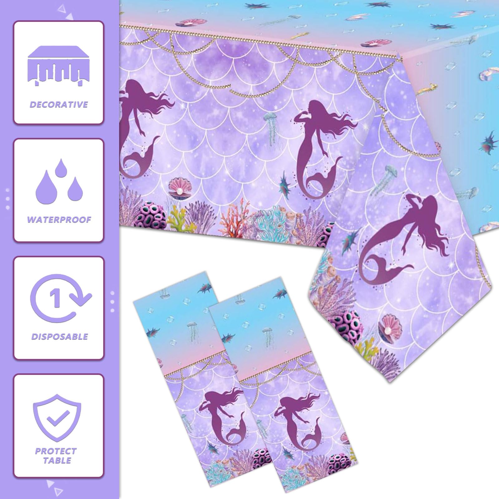 Snapklik.com : Mermaid Tablecloth 2 Pack 54 X 108 Inches Plastic Purple ...
