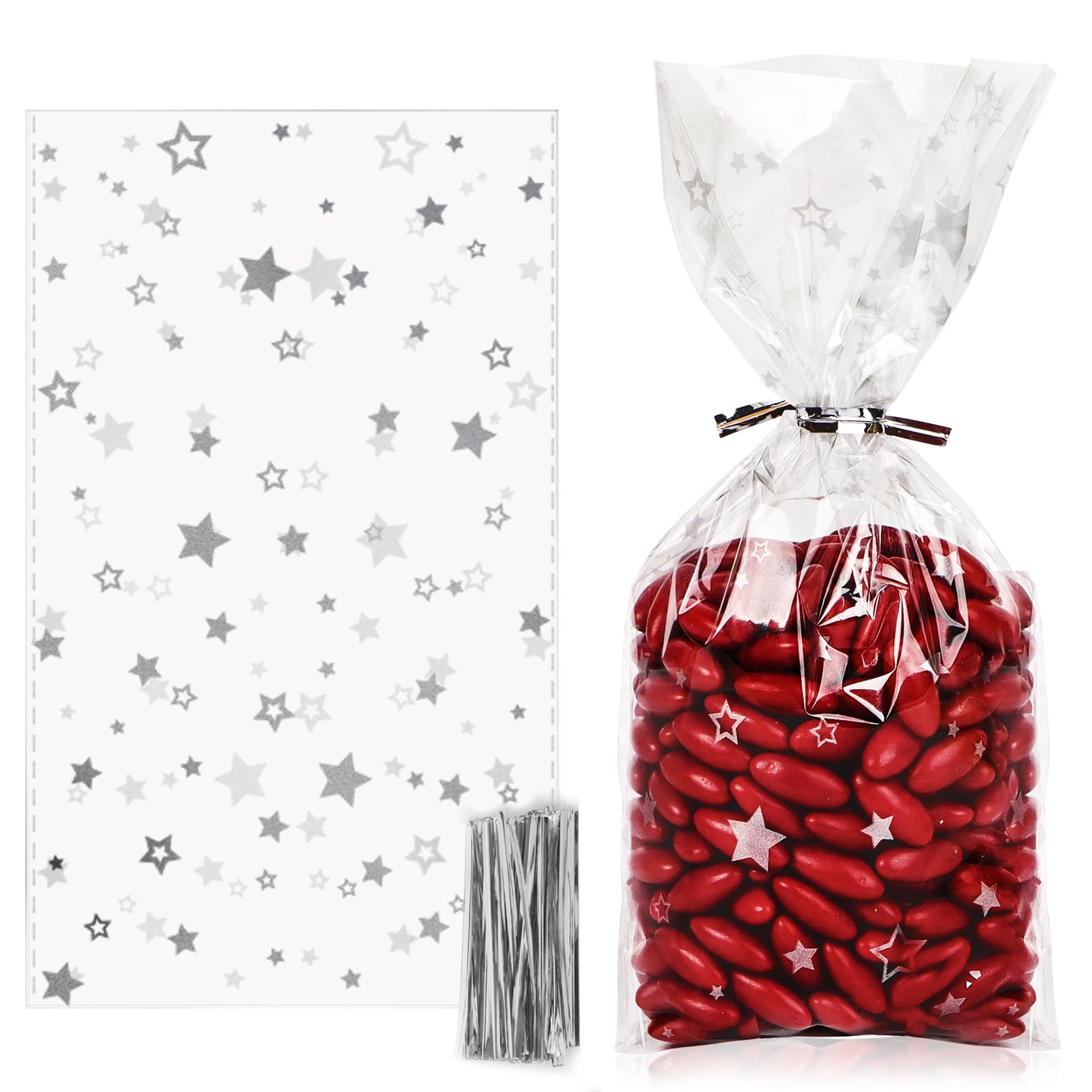 100pcs Christmas Cellophane Bags Sweet Bags Star Clear Party Treat Bags ...