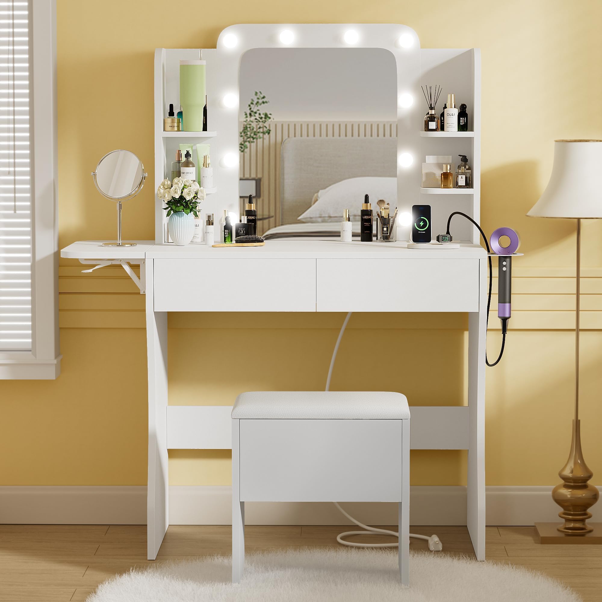 Amazon.com: KAI-ROAD White Vanity Desk with Mirror and Lights - Makeup ...